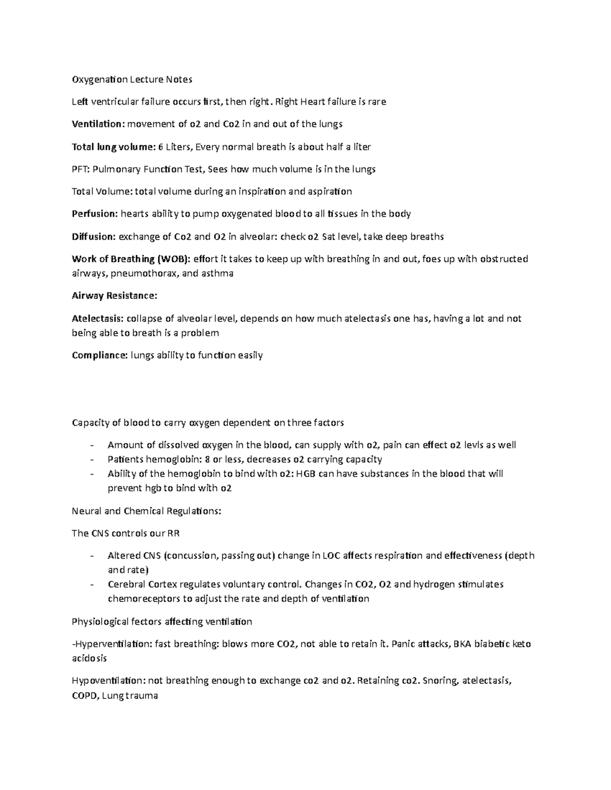 Oxygenation Lecture Notes - Right Heart failure is rare Ventilation ...