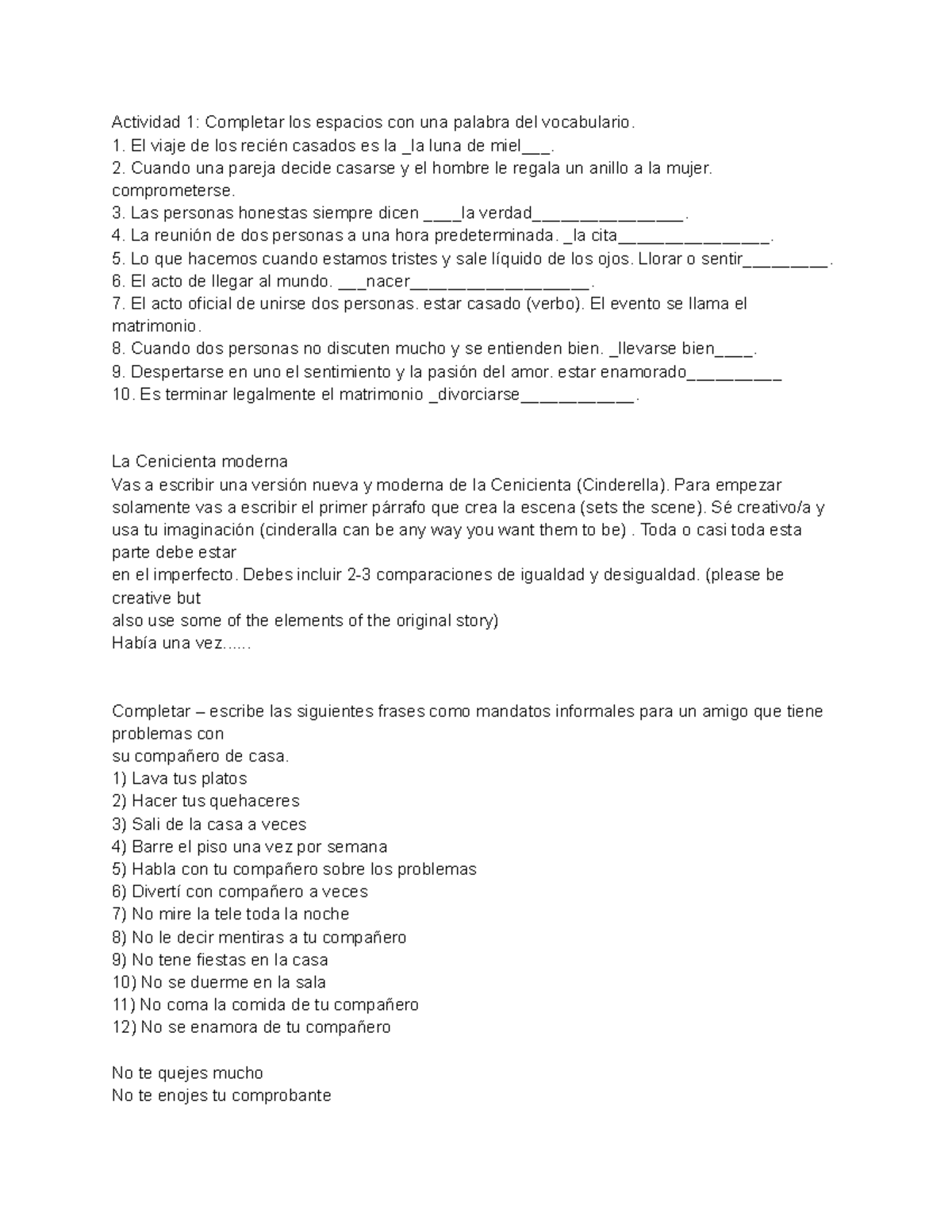 Actividad 1 Completar los espacios con una palabra del vocabulario - El ...