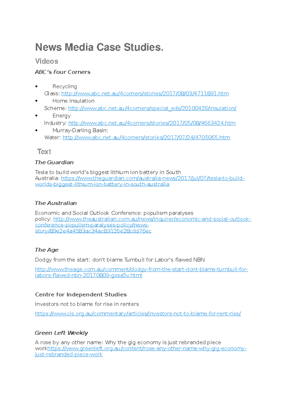 News Media Case Studies - Videos ABC’s Four Corners Recycling - Studocu