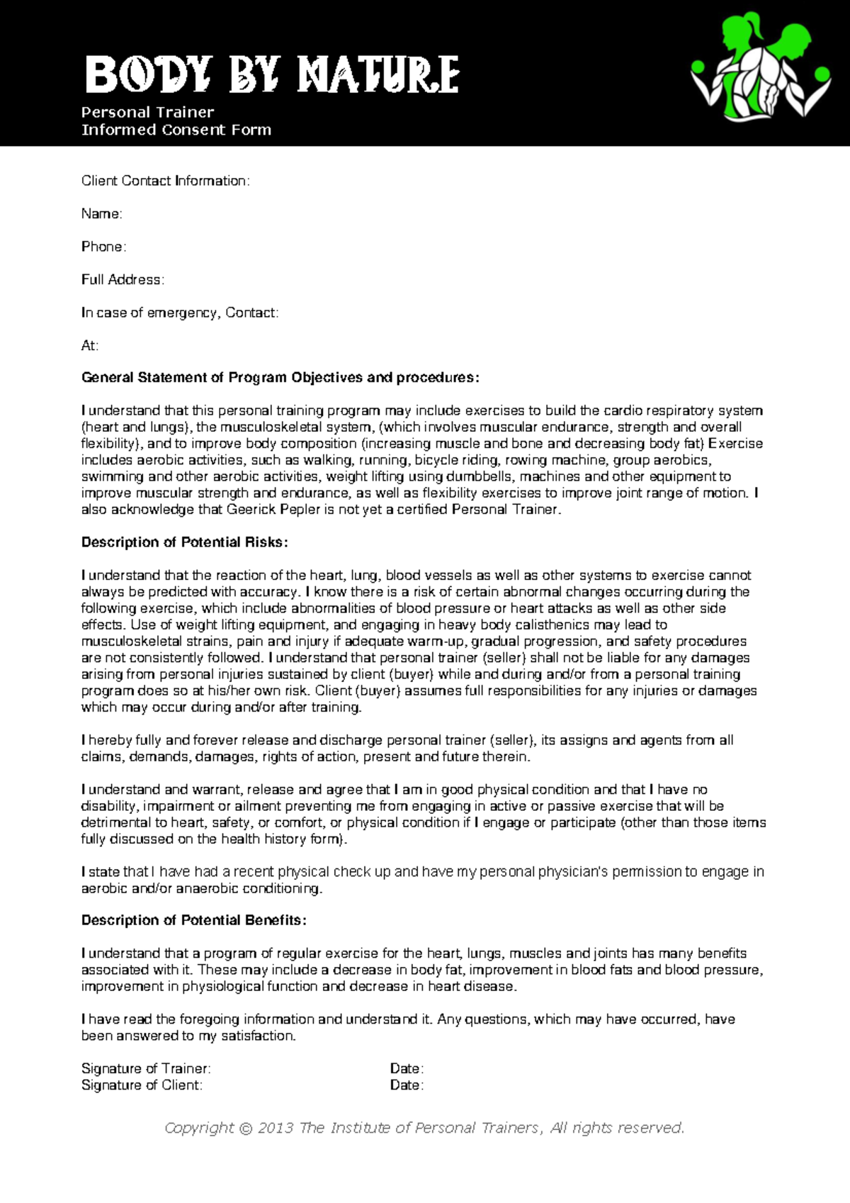 Consent Form for Practical - B Personal Trainer Informed Consent Form ...