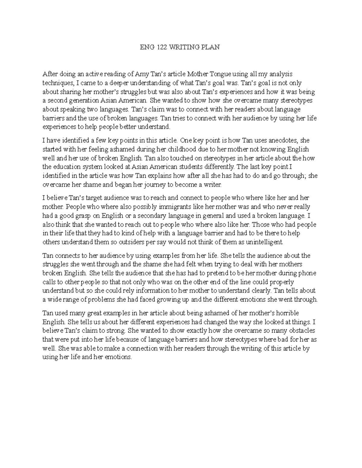 ENG 122 Writing PLAN - ENG 122 WRITING PLAN After doing an active ...