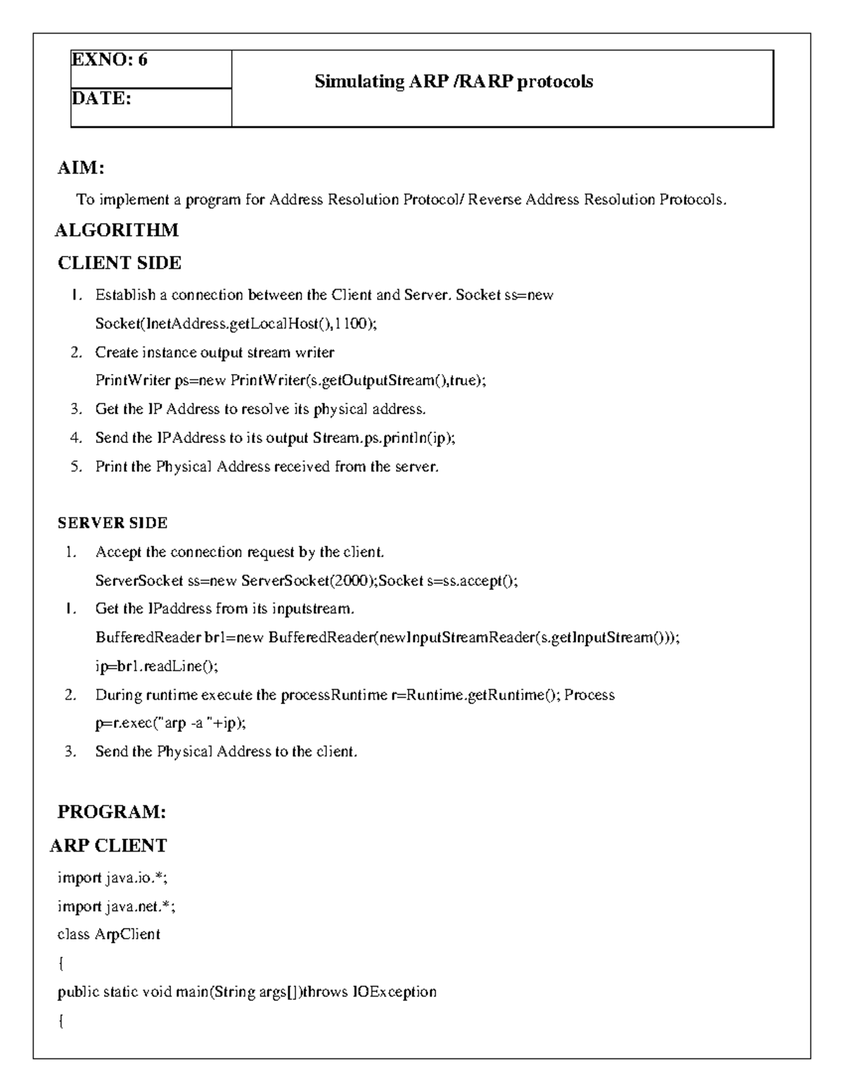 Roshan CN Record 6 - computer networks - EXNO: 6 Simulating ARP /RARP protocols DATE: AIM: To ...