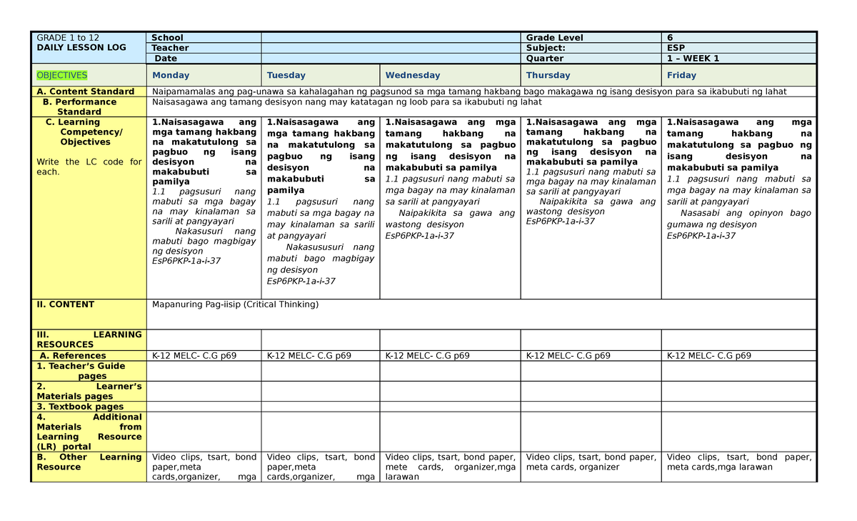 WEEK1-dll-ESP - Dll - GRADE 1 to 12 DAILY LESSON LOG School Grade Level ...