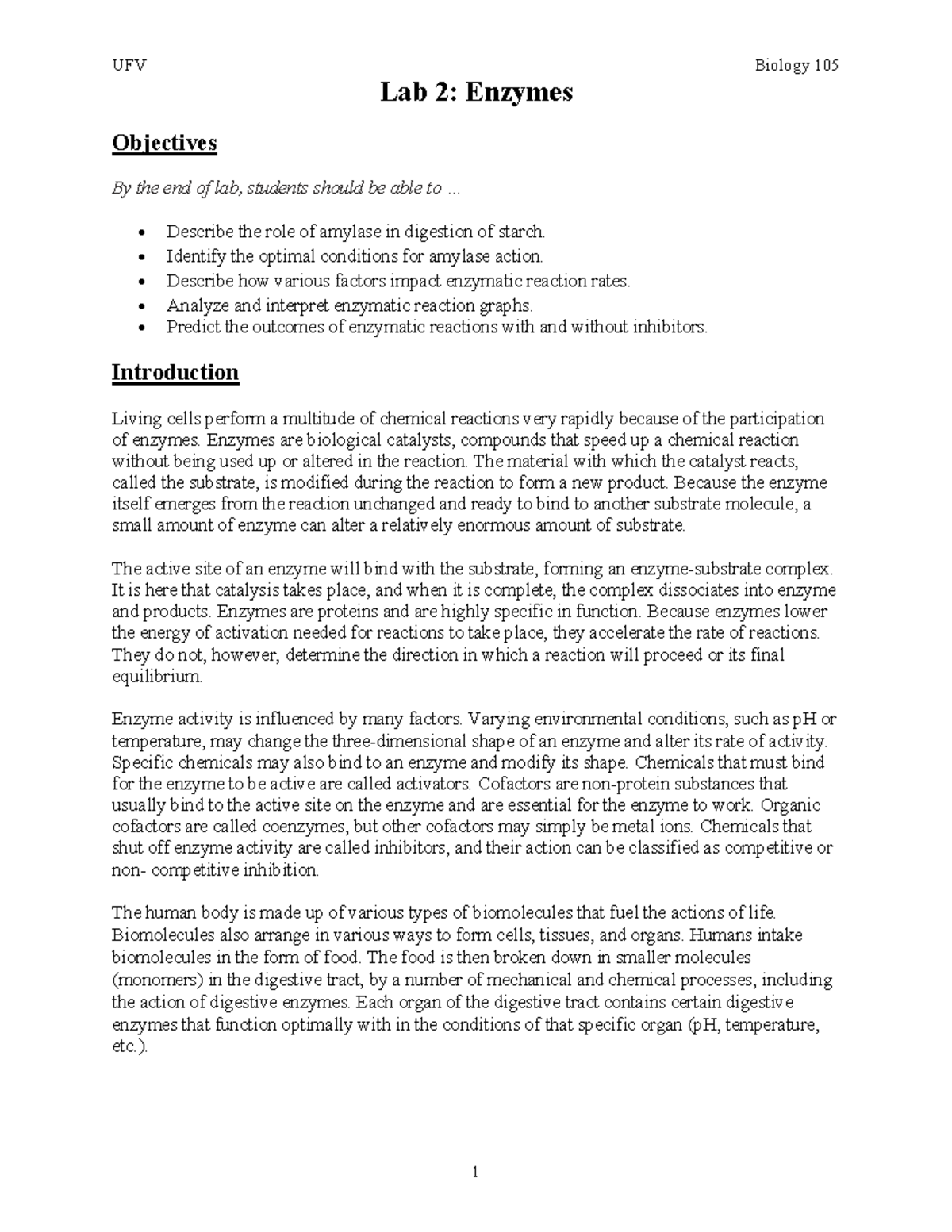 Lab 2 UFV BIOL105 Enzymes S2022(fillable)(7) - Lab 2: Enzymes ...