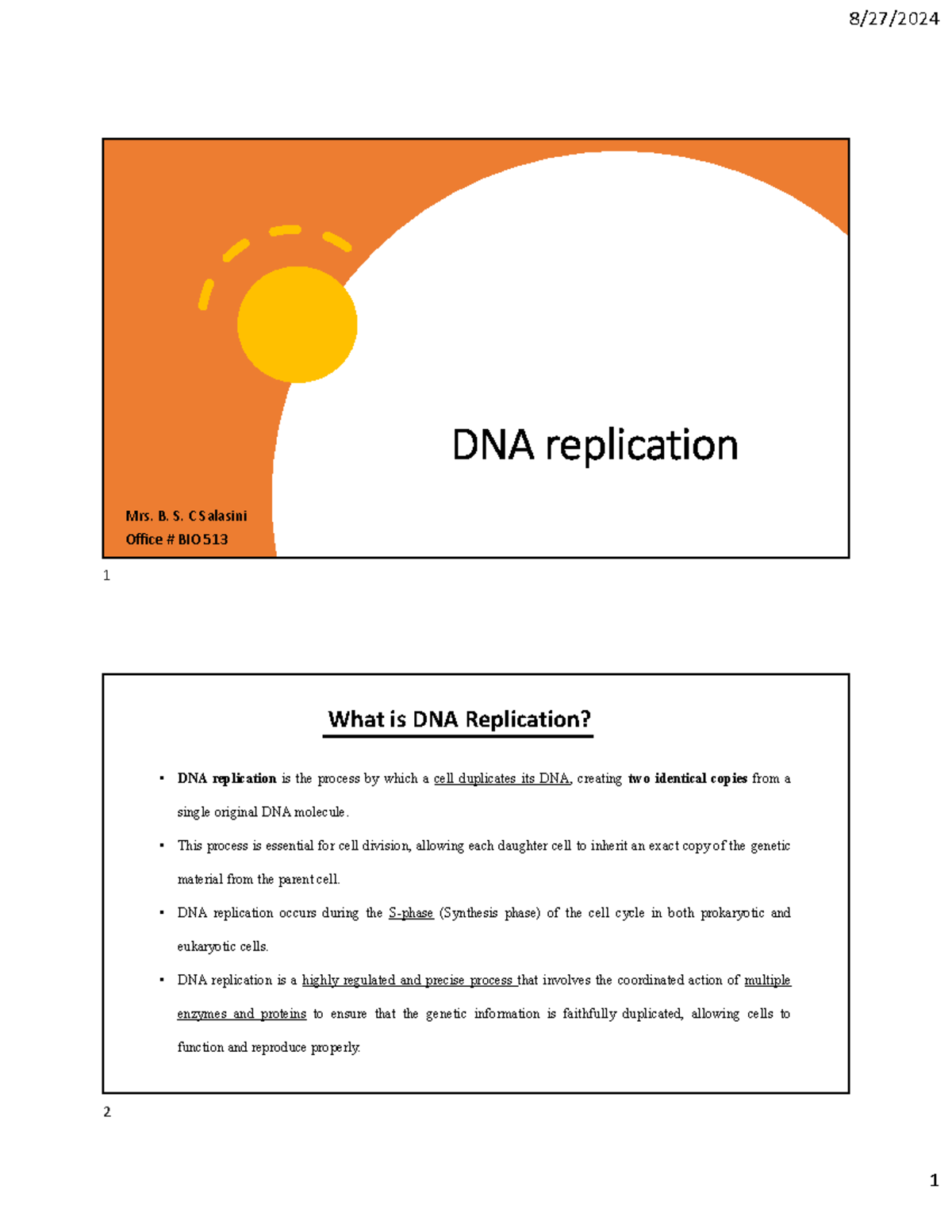 Lec DNA Replication Introduction 240827 104101 - DNA replication Mrs. B ...