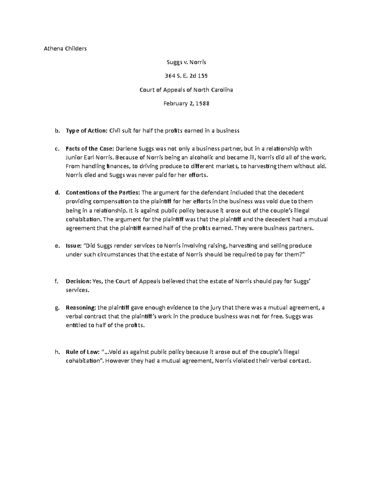 Suggs V. Norris - case brief - Athena Childers Suggs v. Norris 364 S. E ...
