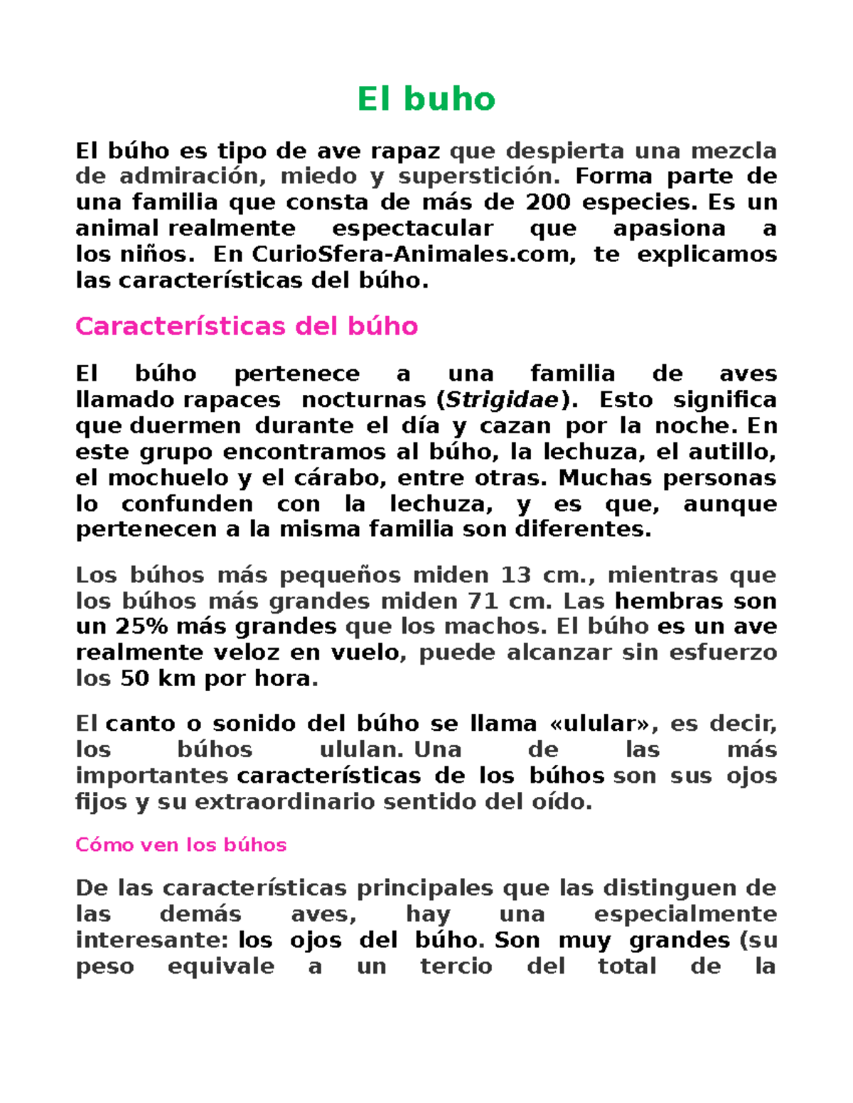El buho - cuednto - El buho El búho es tipo de ave rapaz que despierta ...