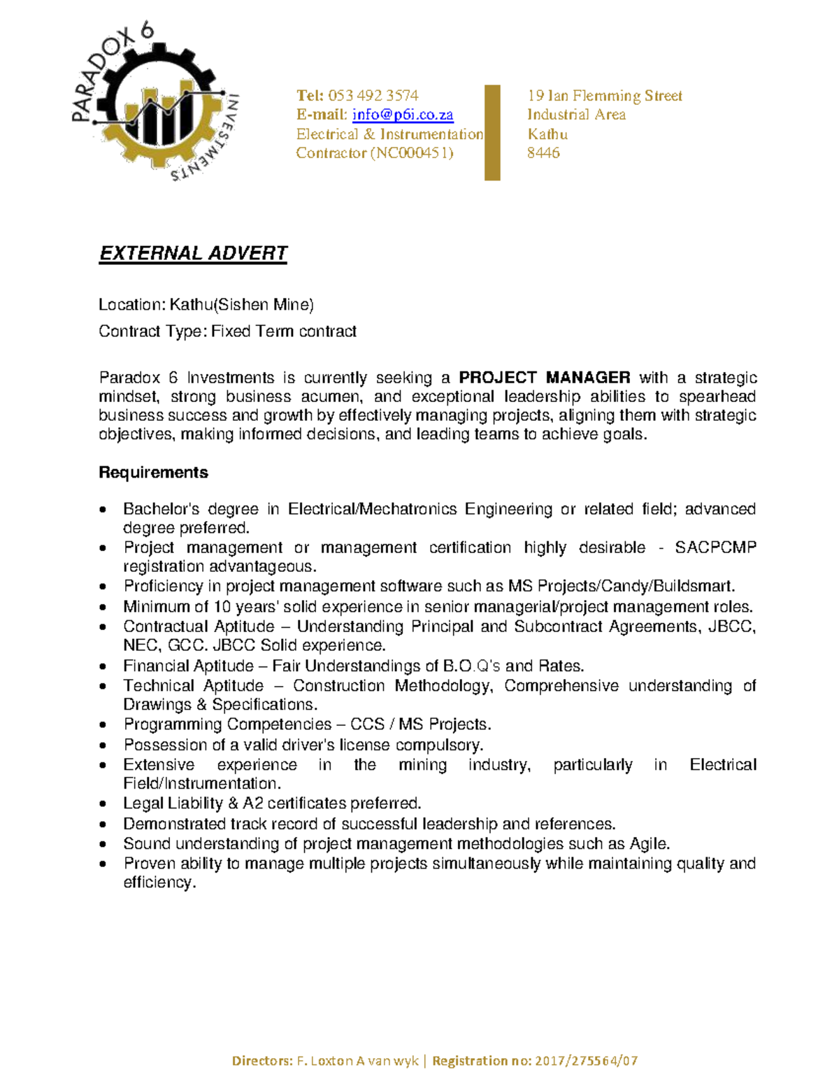 External Advert( Project Manager) Ad W - Tel: 053 492 3574 E-mail: info ...