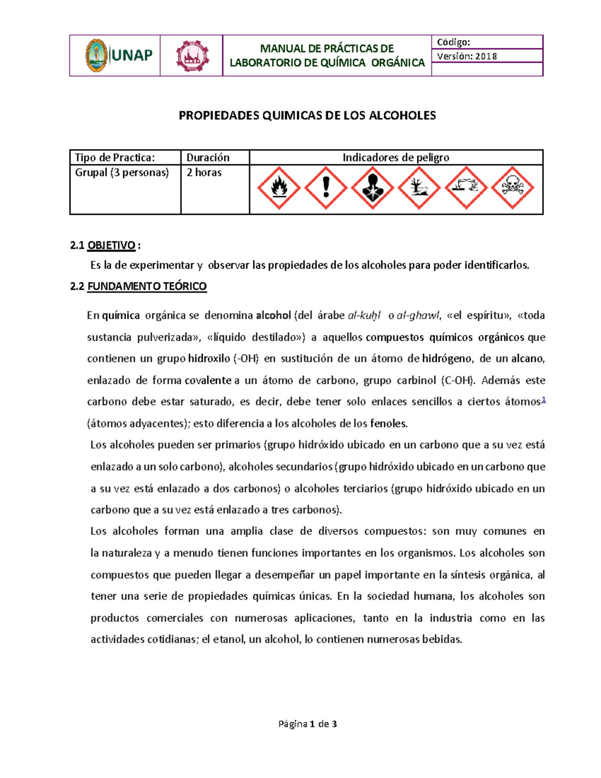 Practica 2 Prop. Quimicas Alcoholes - MANUAL DE PRÁCTICAS DE ...