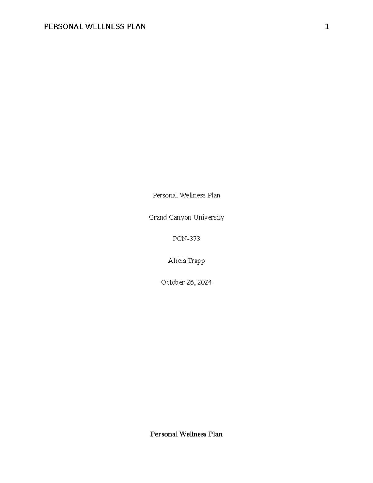 Personal Wellness Plan - Personal Wellness Plan Grand Canyon University ...