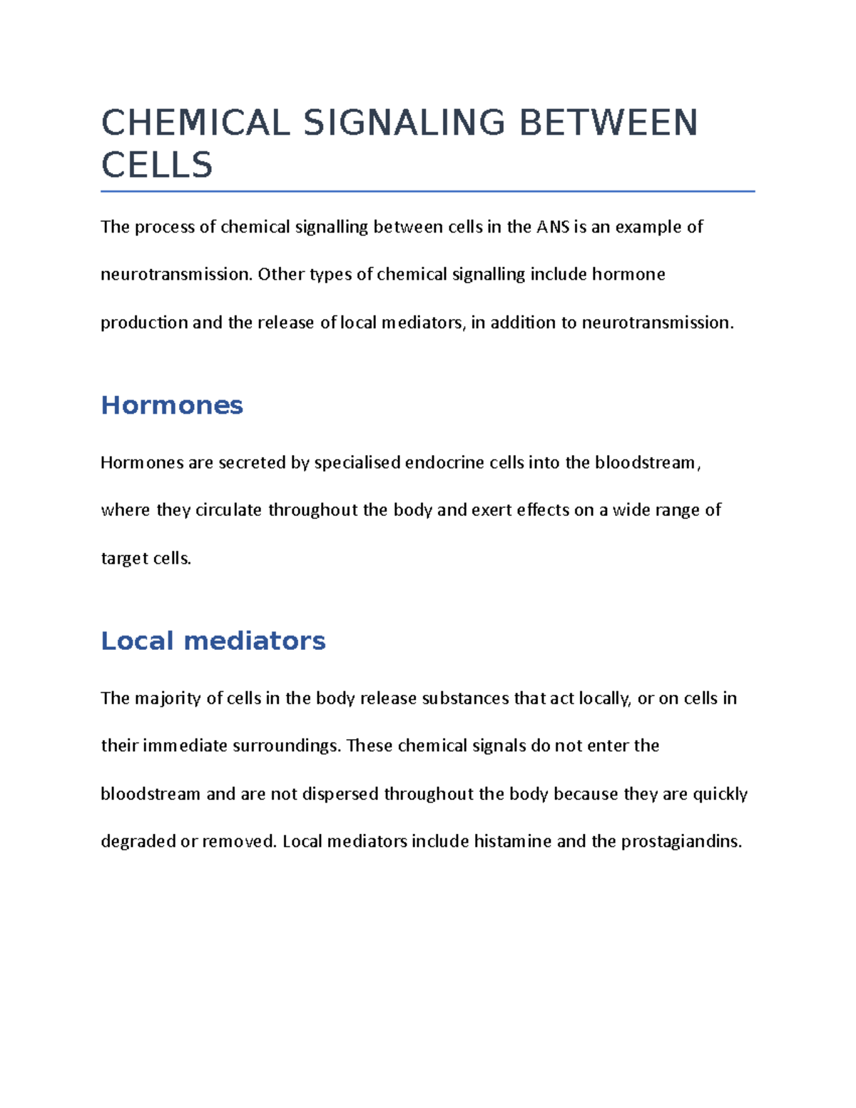 Chemical Signaling Between Cells - CHEMICAL SIGNALING BETWEEN CELLS The ...