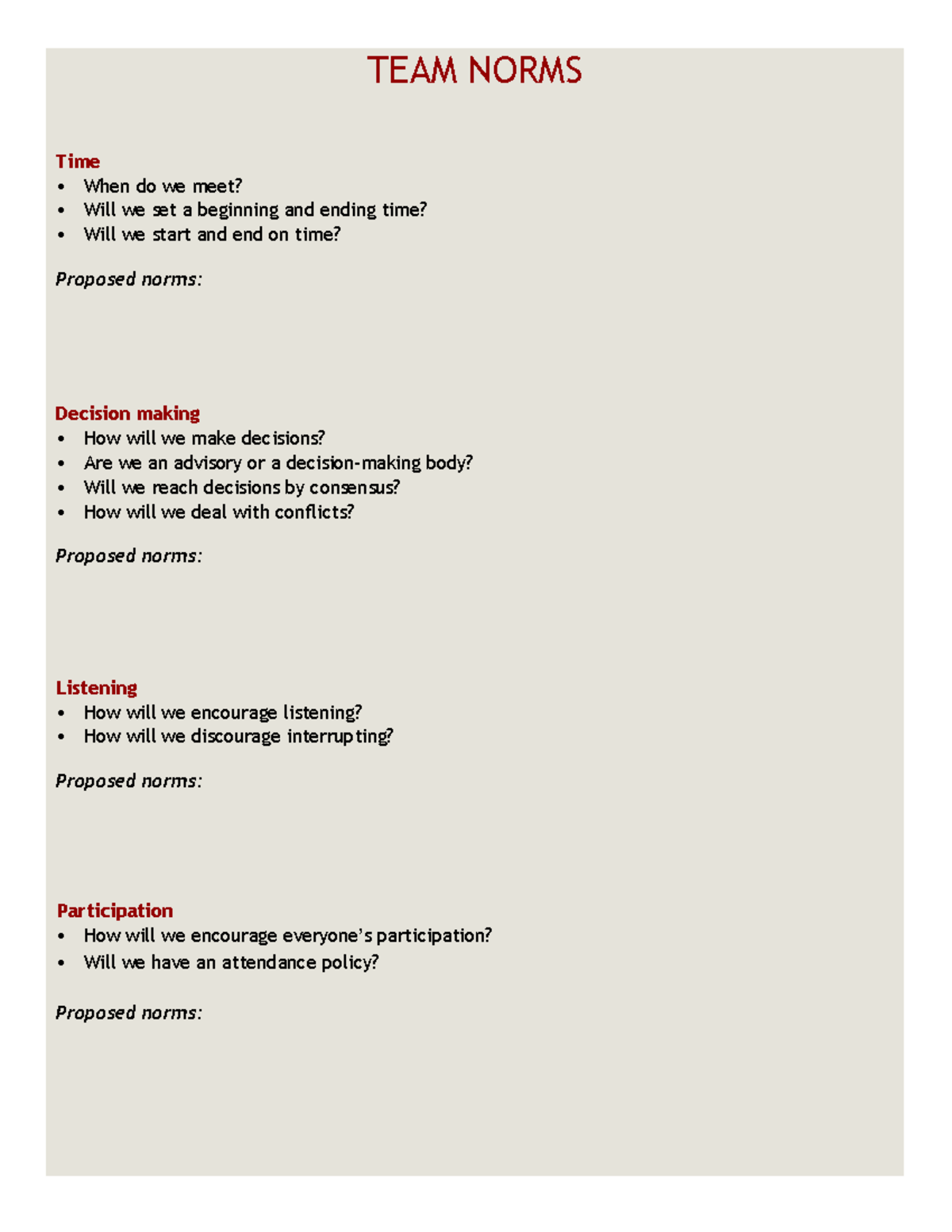 Team norms - PHILIPPE COLAS - TEAM NORMS Time When do we meet? Will we ...