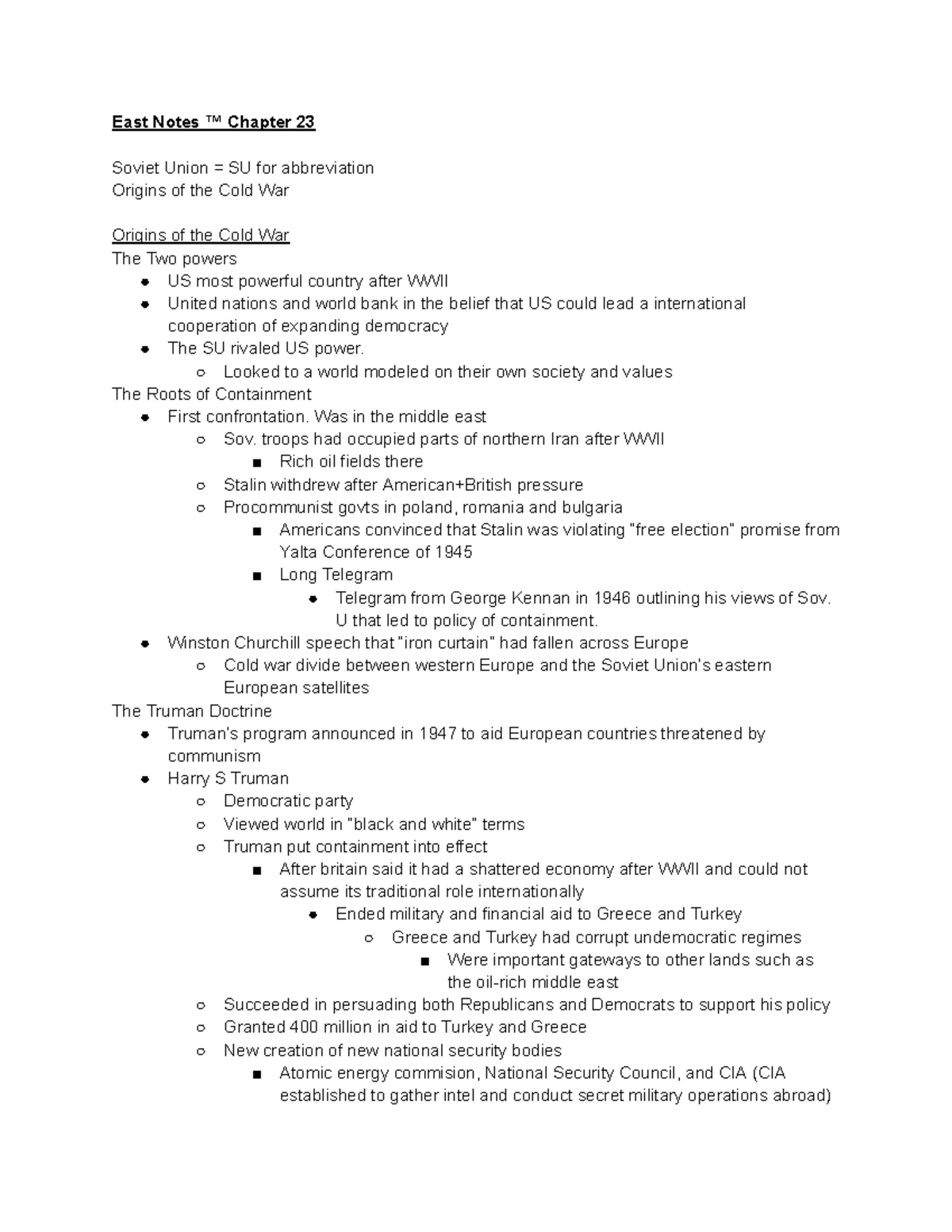 Chapter 23 East Notes Apush - East Notes ™ Chapter 23 Soviet Union = SU ...