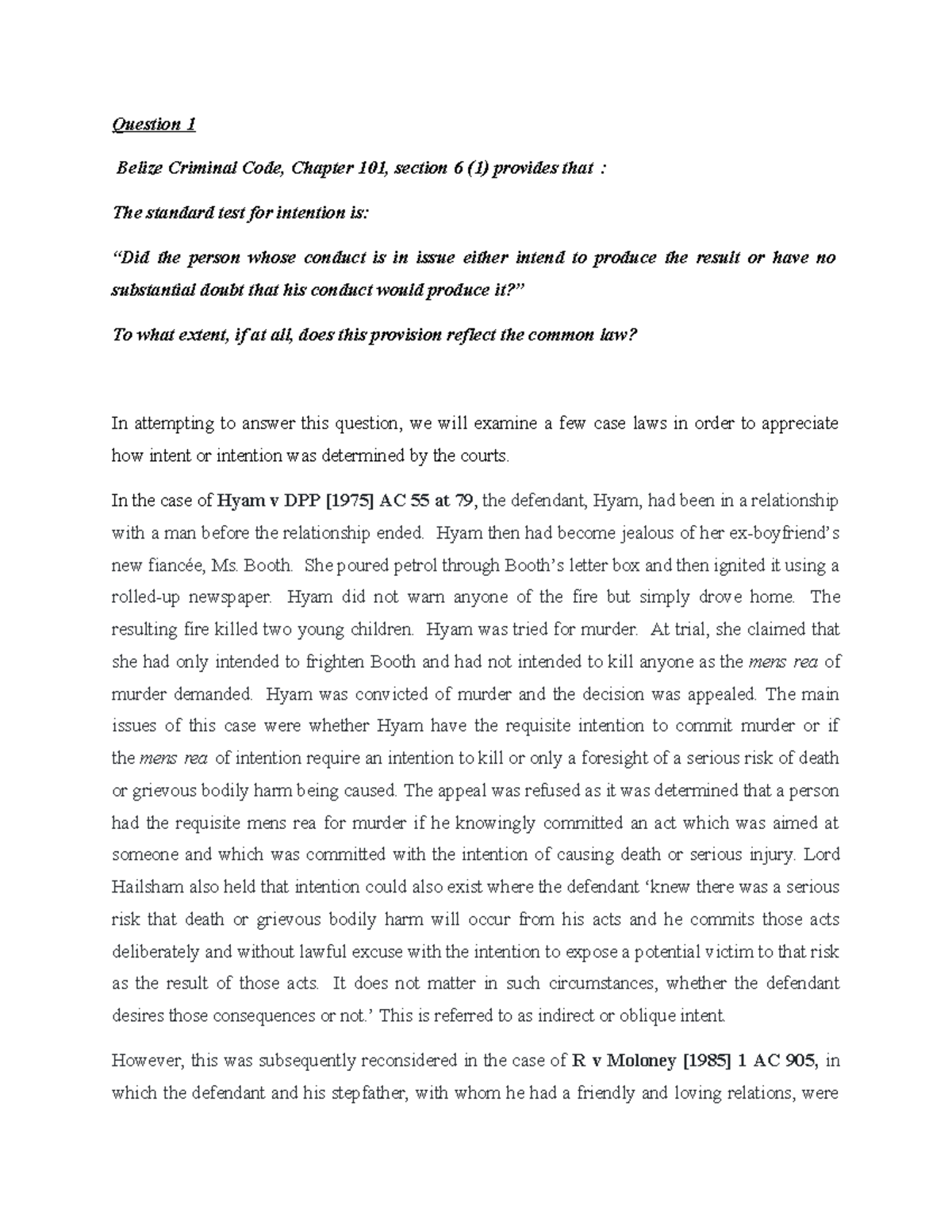 Criminal Law Tutorial Question 1 Answer - Question 1 Belize Criminal ...