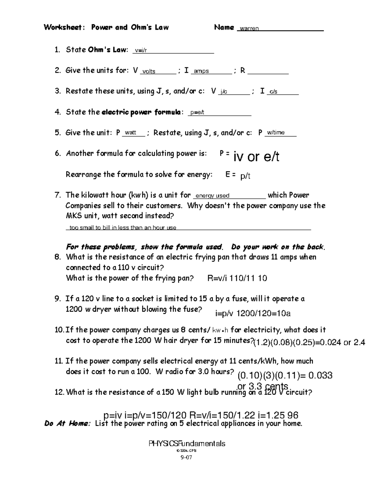 9-07 -Worksheet - Power and Ohms Law - Worksheet: Power and Ohm’s Law ...