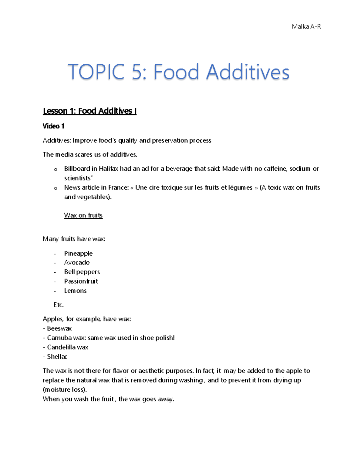 CHEM 181 - Midterm 2 (Topics 5-7) - Lesson 1 : Food Additives I Video 1 ...