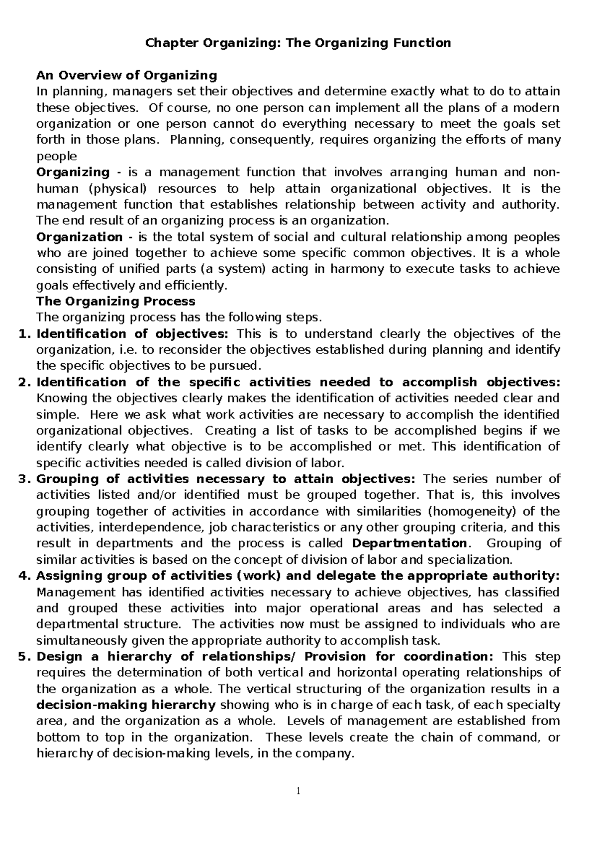 Chapter Five Organizing Function edited - Chapter Organizing: The Organizing Function An ...