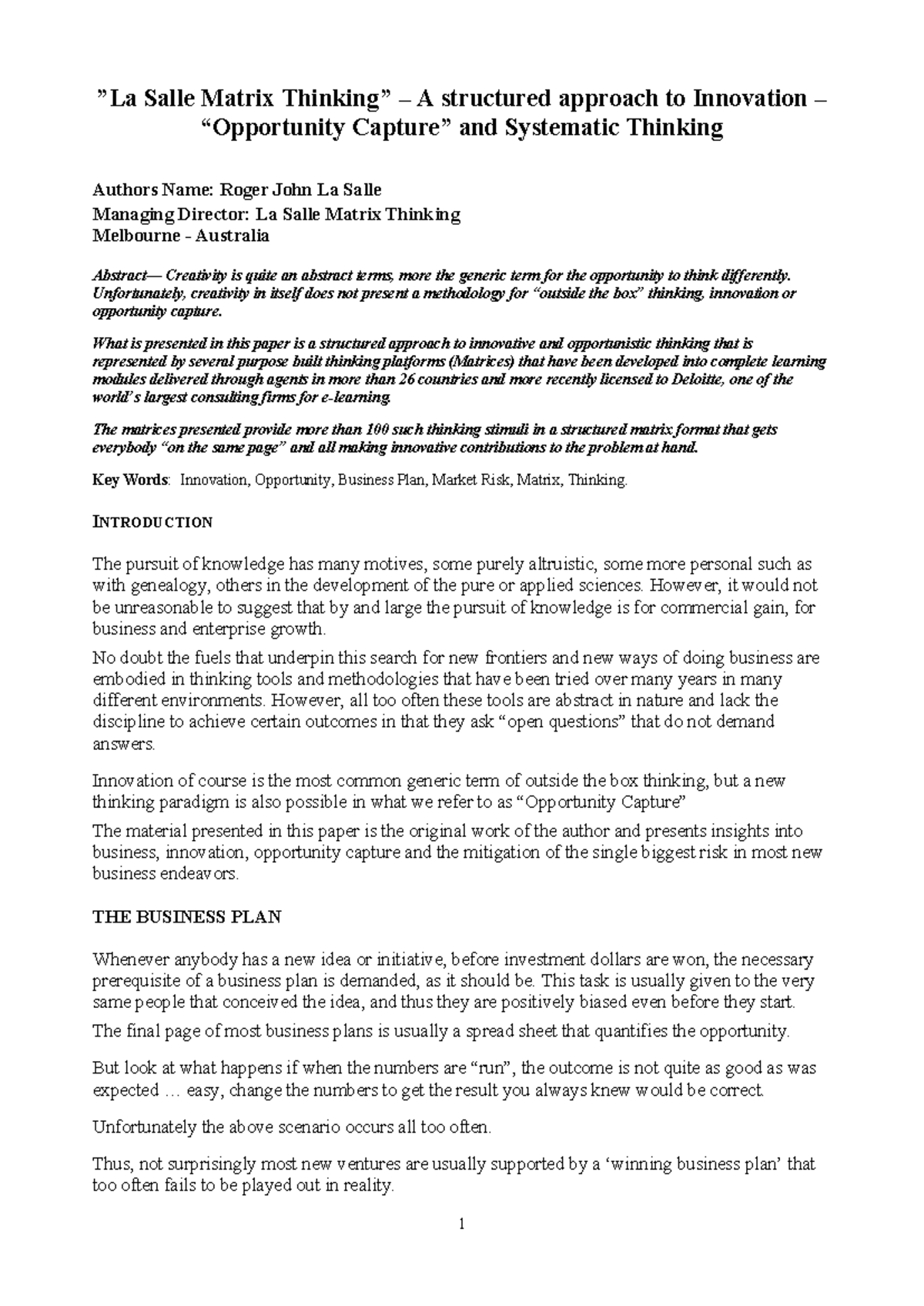 Tim1 - ”La Salle Matrix Thinking” – A structured approach to Innovation ...