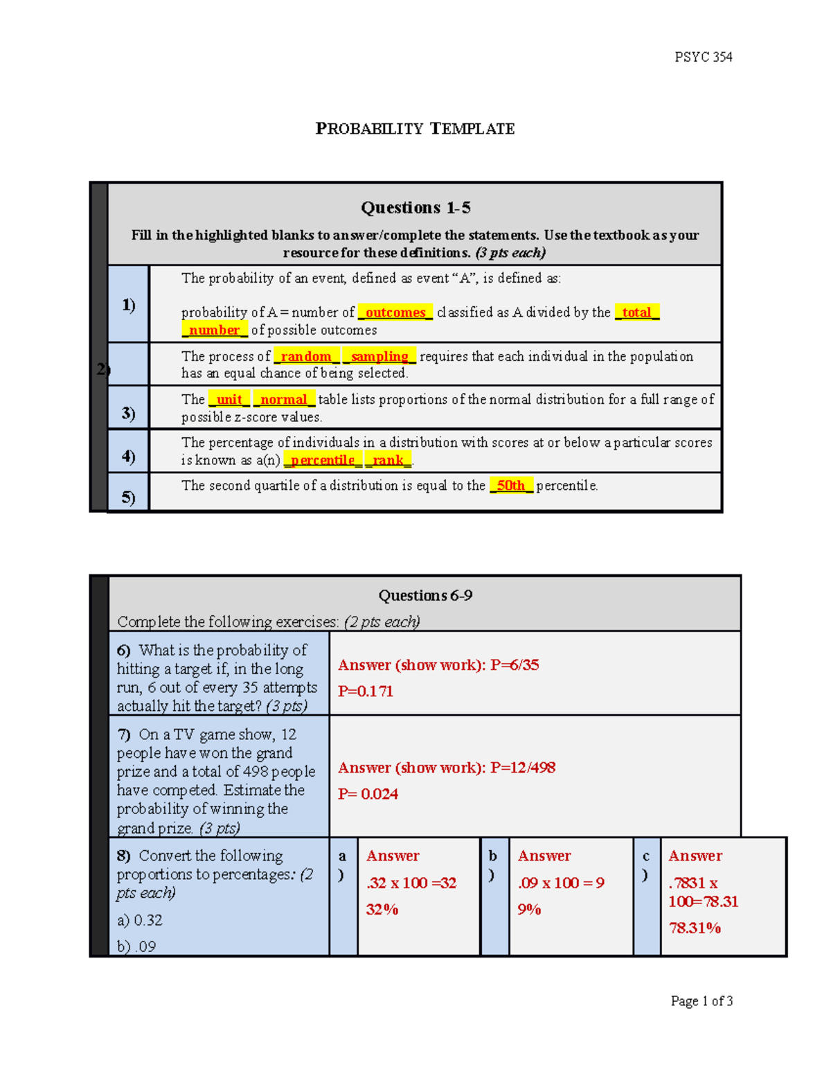 Probability Homework - PSYC 354 PROBABILITY TEMPLATE Questions 1- Fill ...