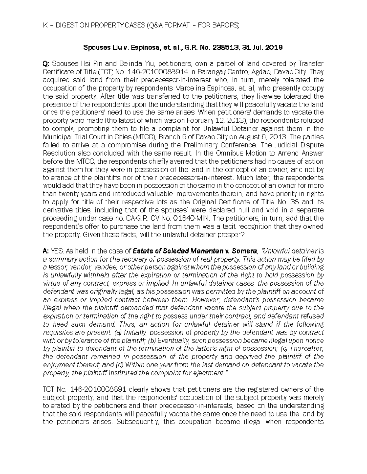 GR 238513 Digest (Sps Liu Case) - K – DIGEST ON PROPERTY CASES (Q&A ...