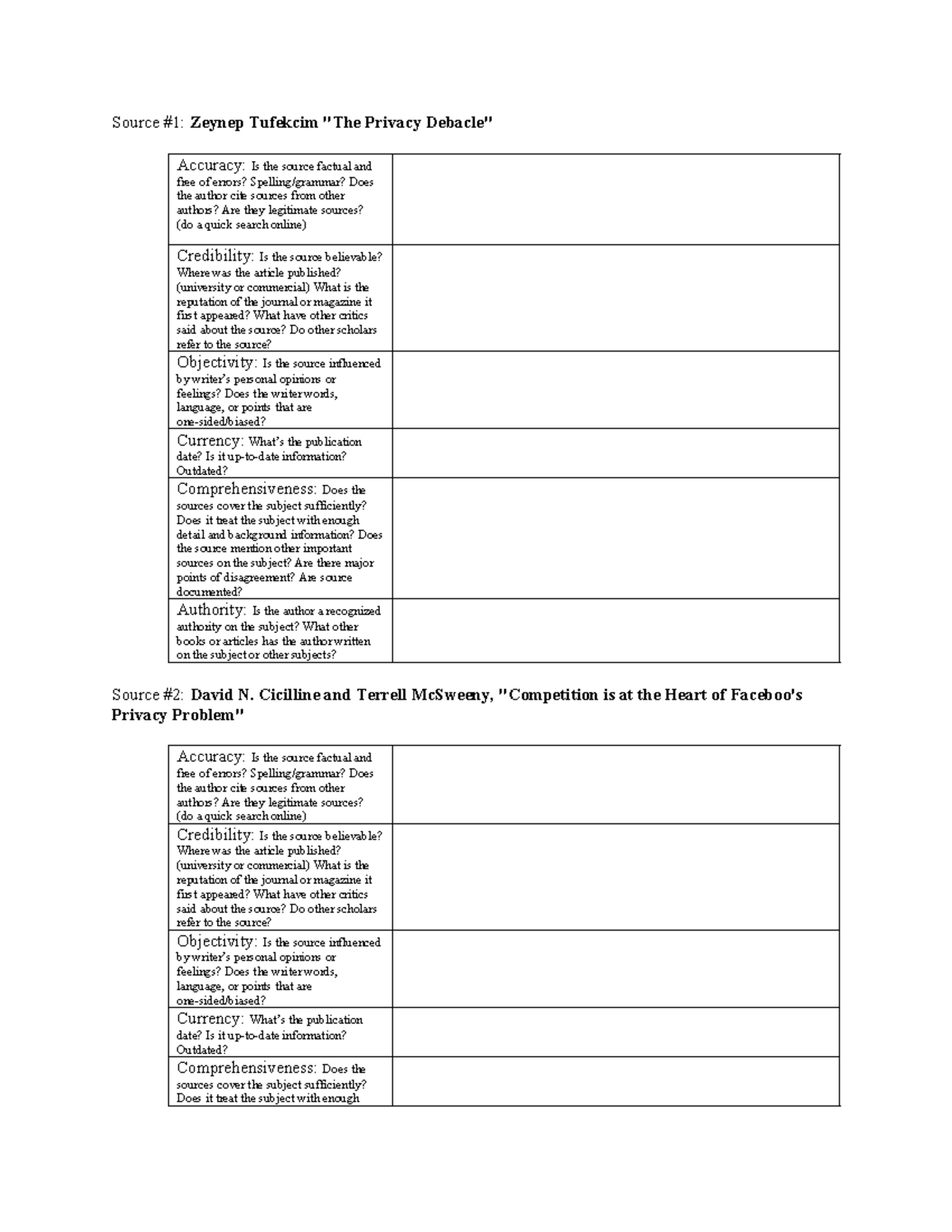 Evaluating Sources Worksheet - Copy - Source #1: Zeynep Tufekcim "The Privacy Debacle" - Studocu