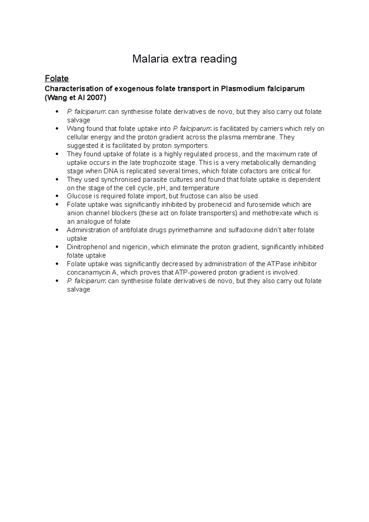 Malaria extra reading - Malaria extra reading Folate Characterisation ...