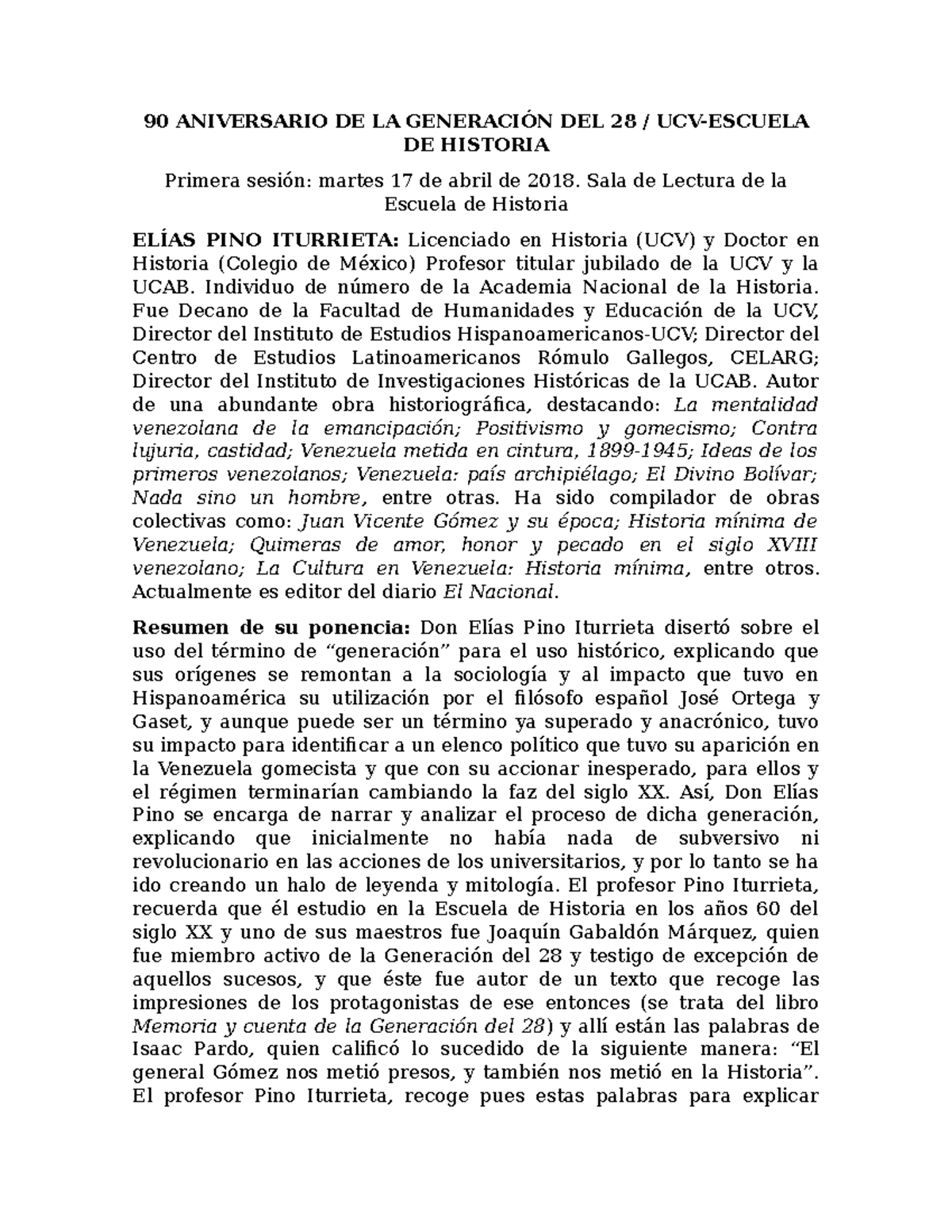 90 Aniversario DE LA Generación DEL 28-Resumen ponencias y ponentes ...
