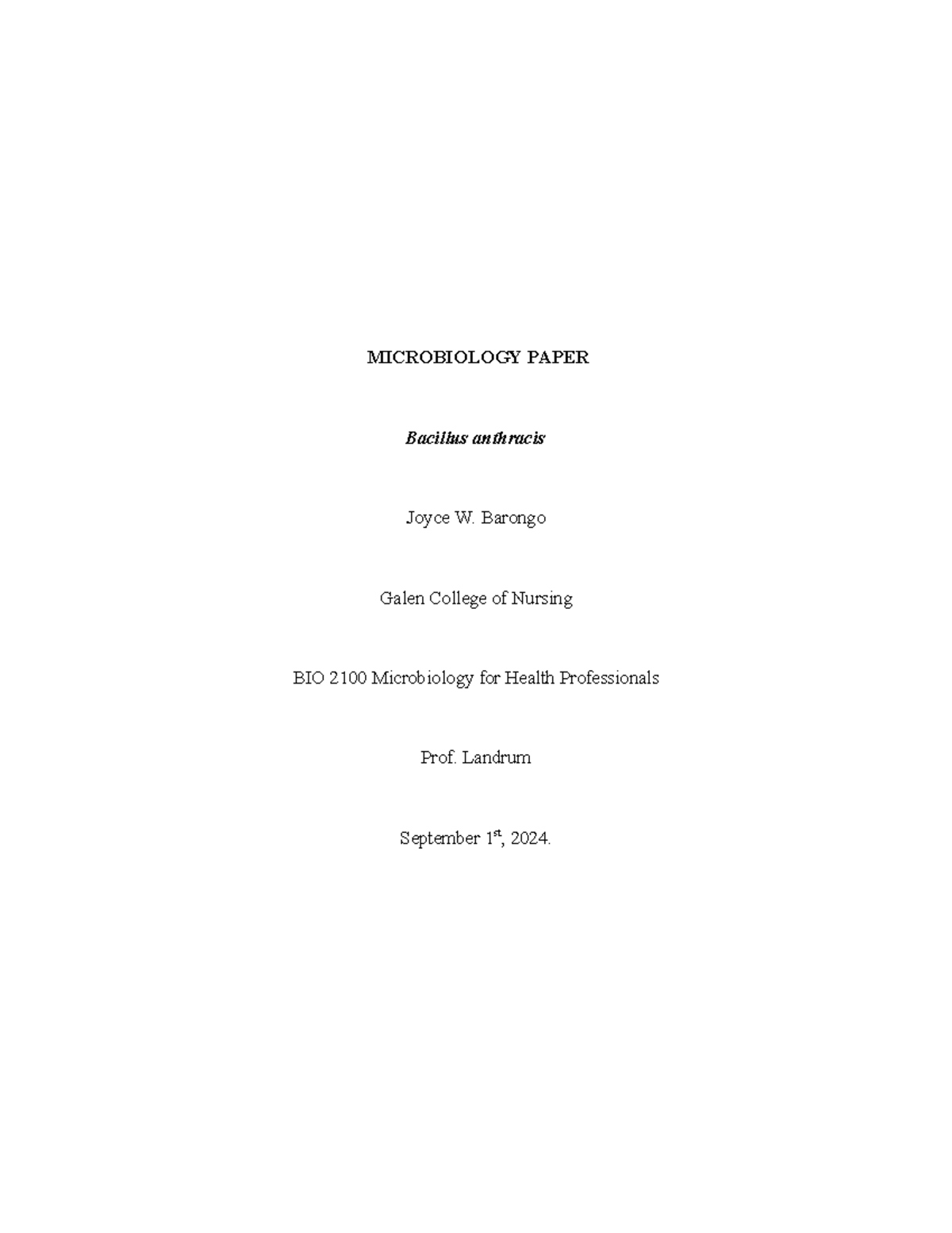 Micro paper - ANTHRAX - MICROBIOLOGY PAPER Bacillus anthracis Joyce W ...