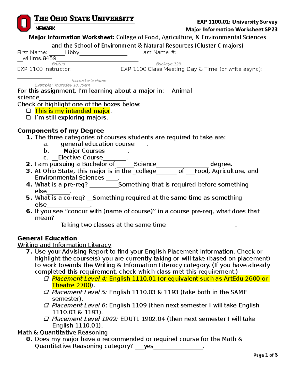 FAES Cluster C majors SP23 major info worksheet - EXP 1100: University ...