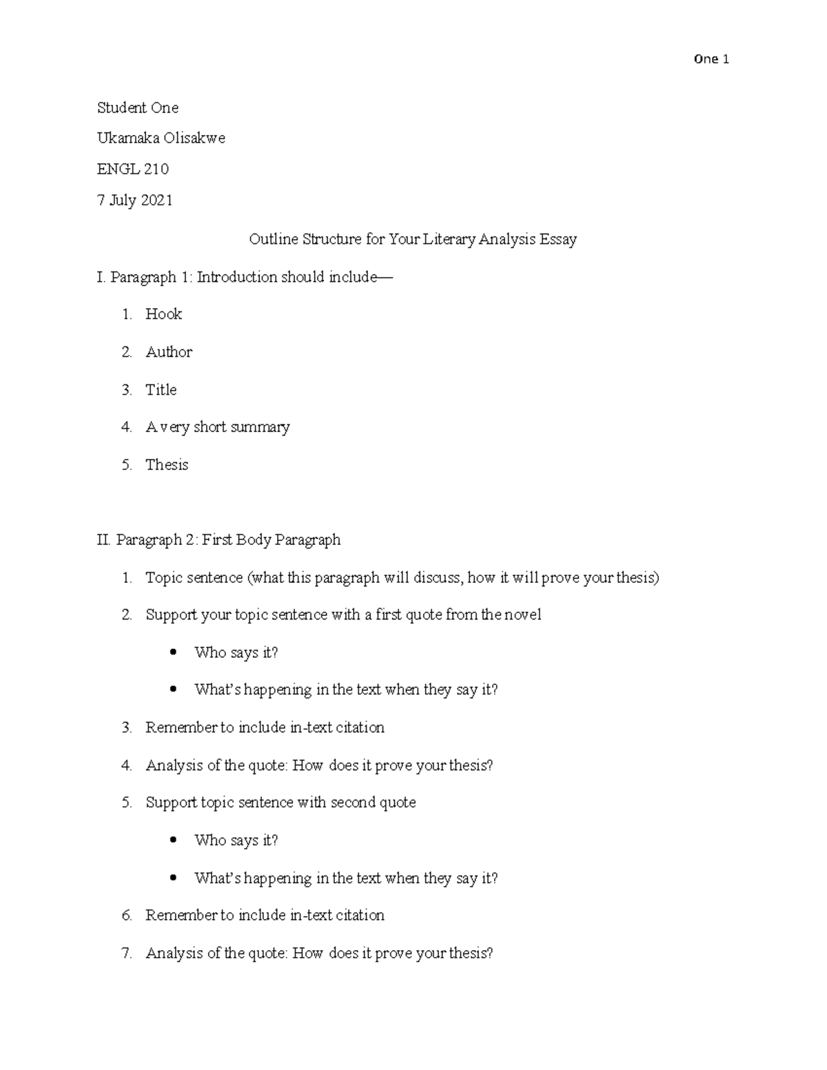 Literary Analysis Outline - Student One Ukamaka Olisakwe ENGL 210 7 ...
