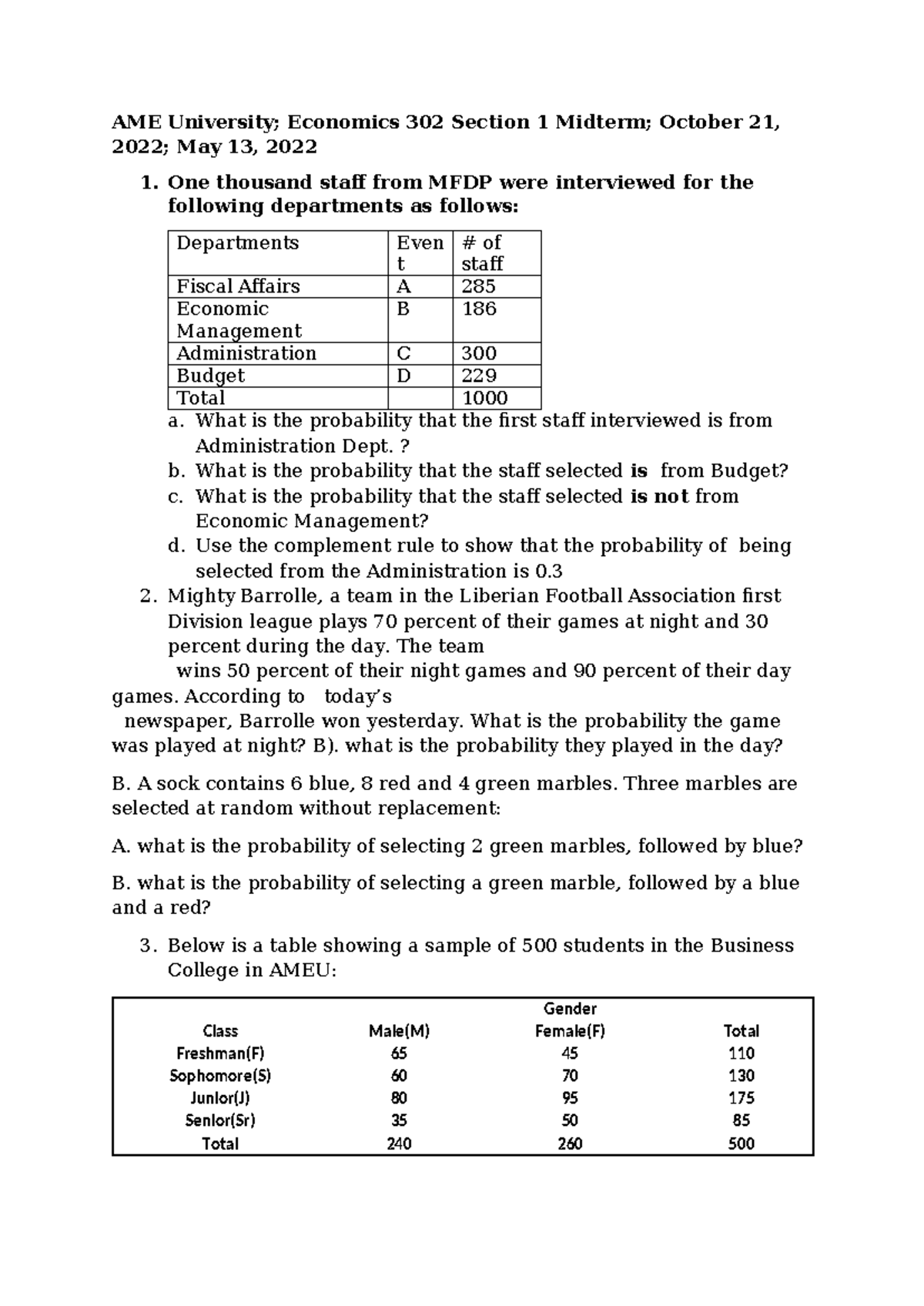 Econ 302 section 4 midterm October 2022 - AME University; Economics 302 ...