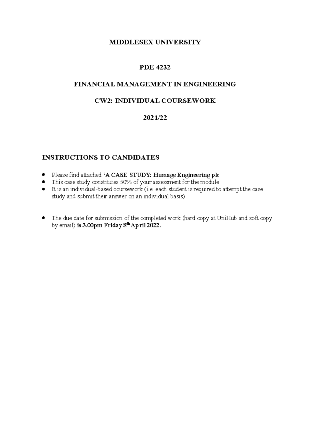 PDE4232 - Homage Plc - Individual CW2 - 2021-22 - MIDDLESEX UNIVERSITY ...
