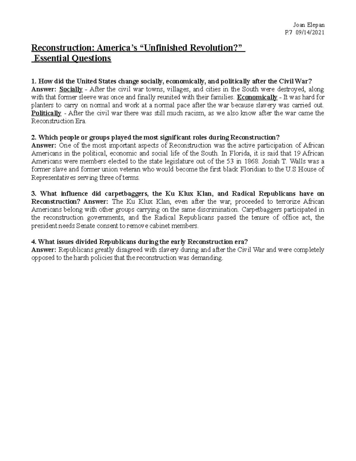 The Essential Questions of The Civil War Part. 1 - Joan Elepan P 09/14 ...