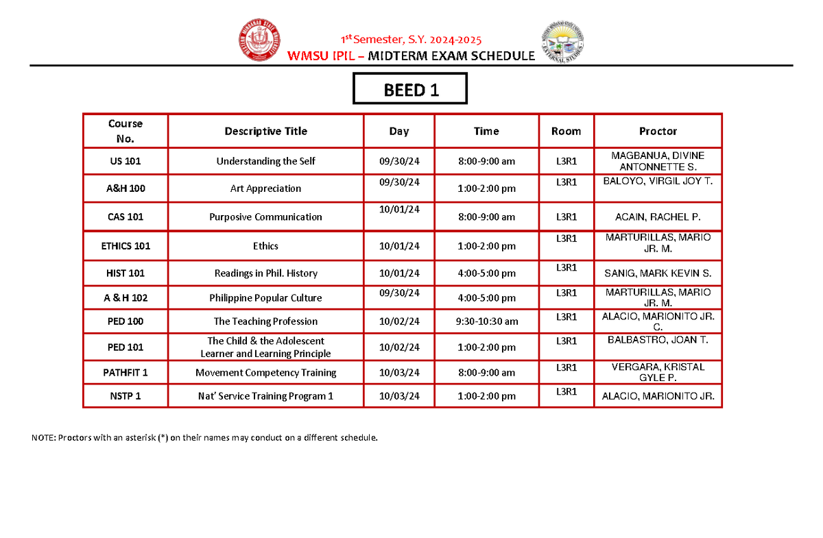 1st sem Midterm exam schedule S - WMSU IPIL – MIDTERM EXAM SCHEDULE BEED 1 Course No ...