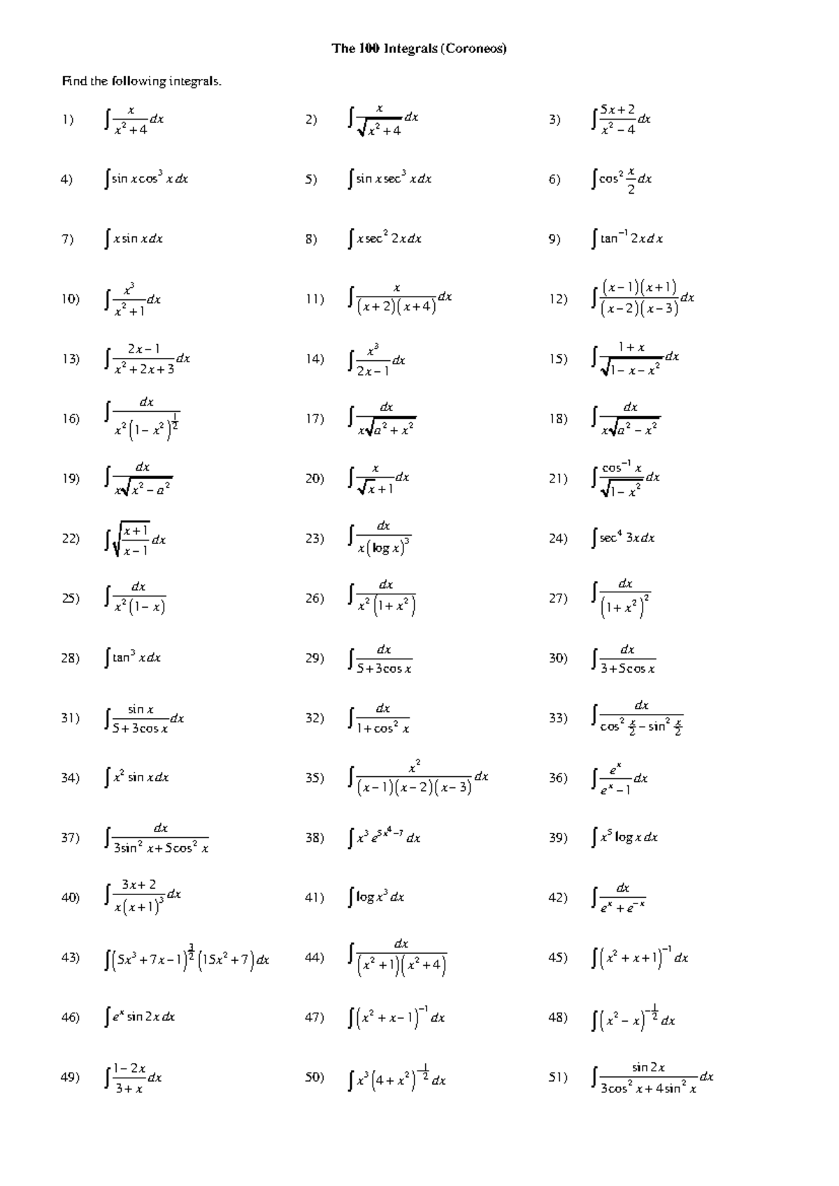 Coroneos 100 Integrals and Answers pdf - The 100 Integrals (Coroneos ...