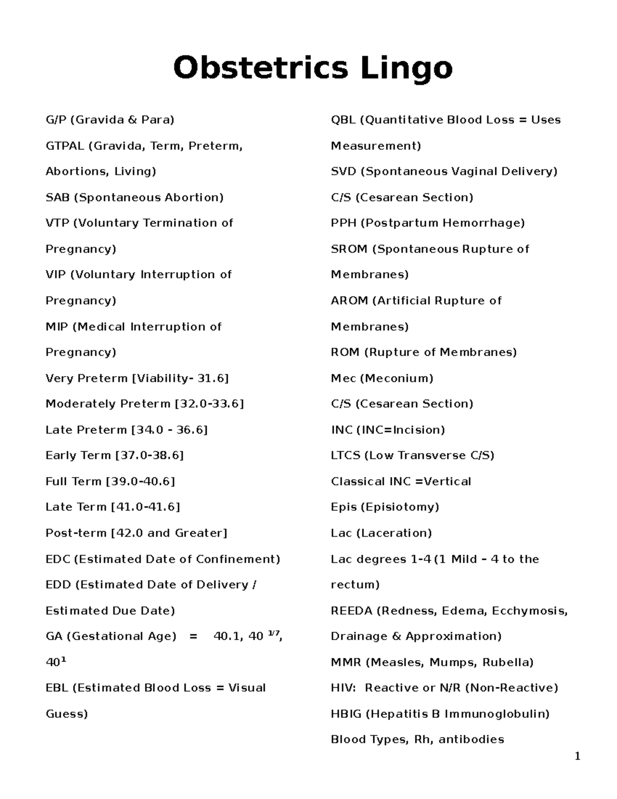 OB Lingo 8.18.21 - NOTES - Obstetrics Lingo G/P (Gravida & Para) GTPAL ...