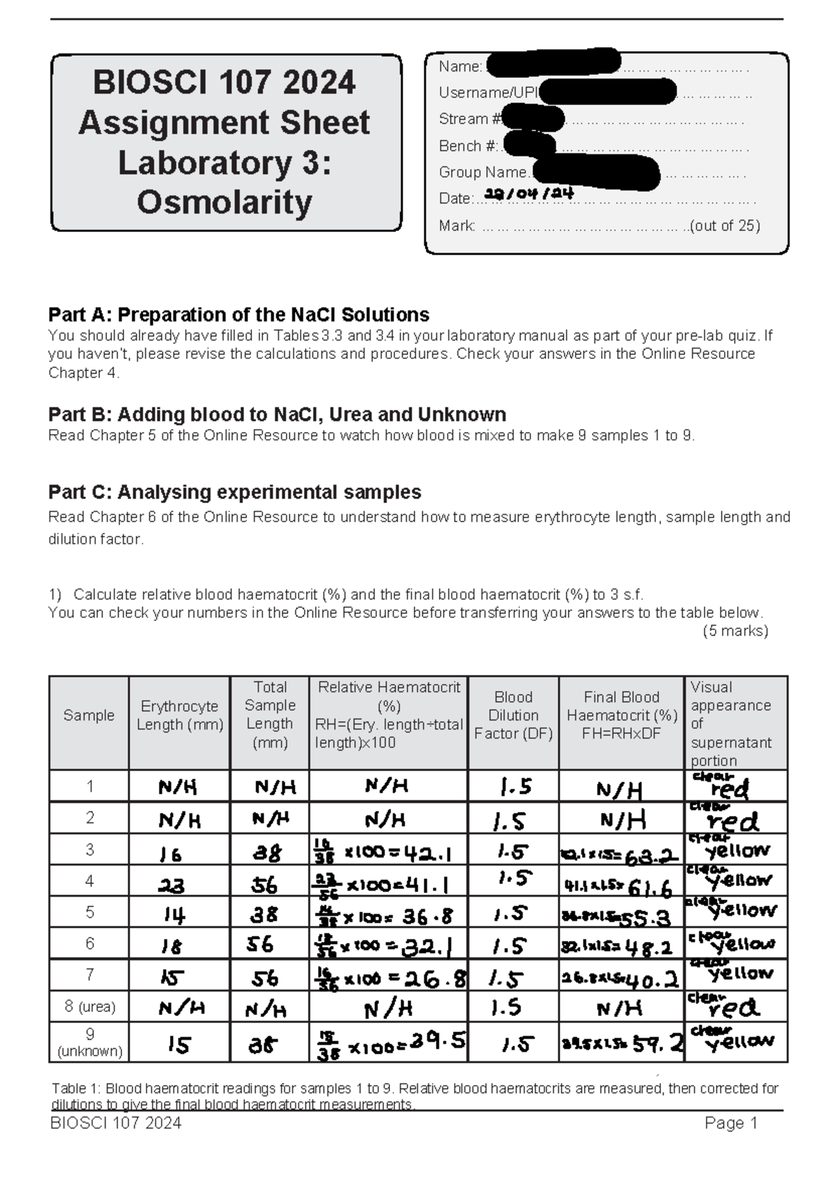 CHEM110 Lab 3 Report - BIOSCI 107 202 4 Page 1 Part A: Preparation of ...