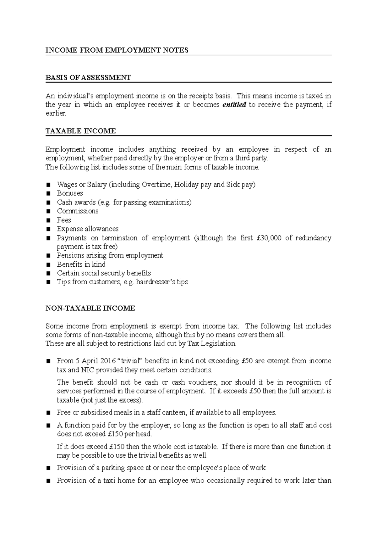 Income FROM Employment Notes - INCOME FROM EMPLOYMENT NOTES BASIS OF ...