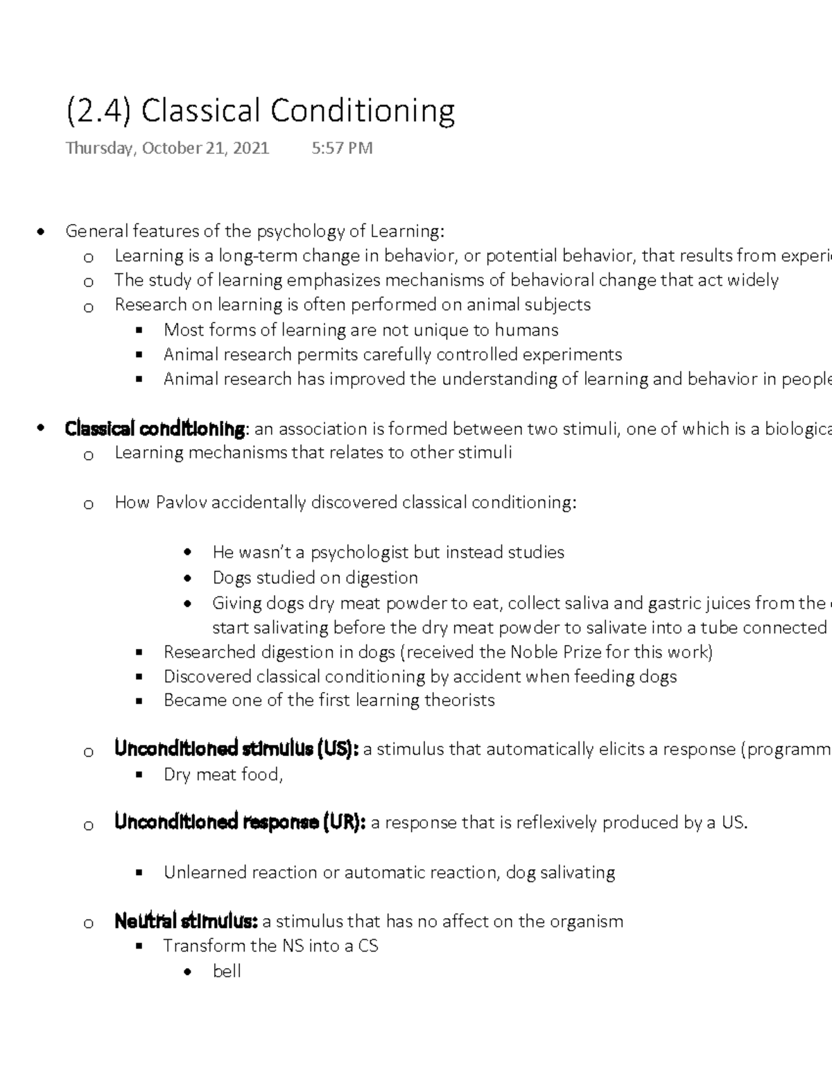 (2.4) Classical Conditioning - General features of the psychology of ...