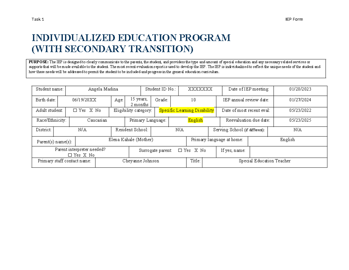 Task 1 D231 - Passed - INDIVIDUALIZED EDUCATION PROGRAM (WITH SECONDARY TRANSITION) PURPOSE: The ...