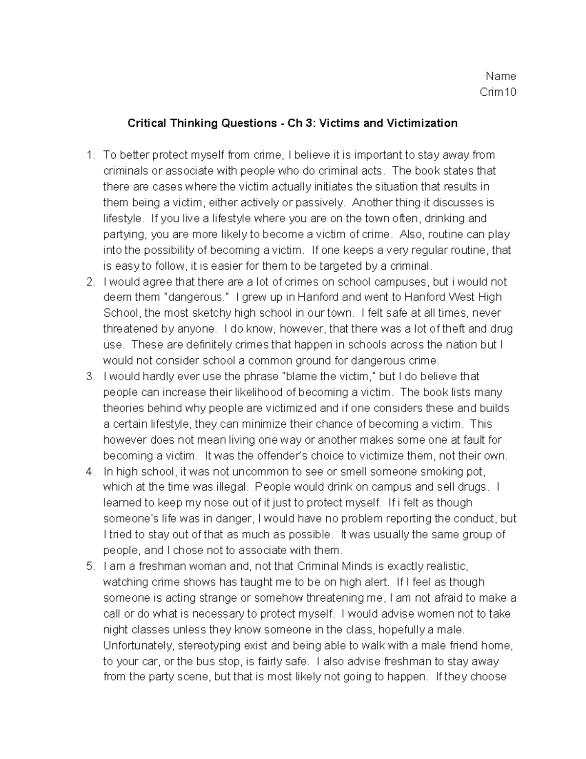 Week 3 Critical Thinking Questions - Name Crim10 Critical Thinking ...