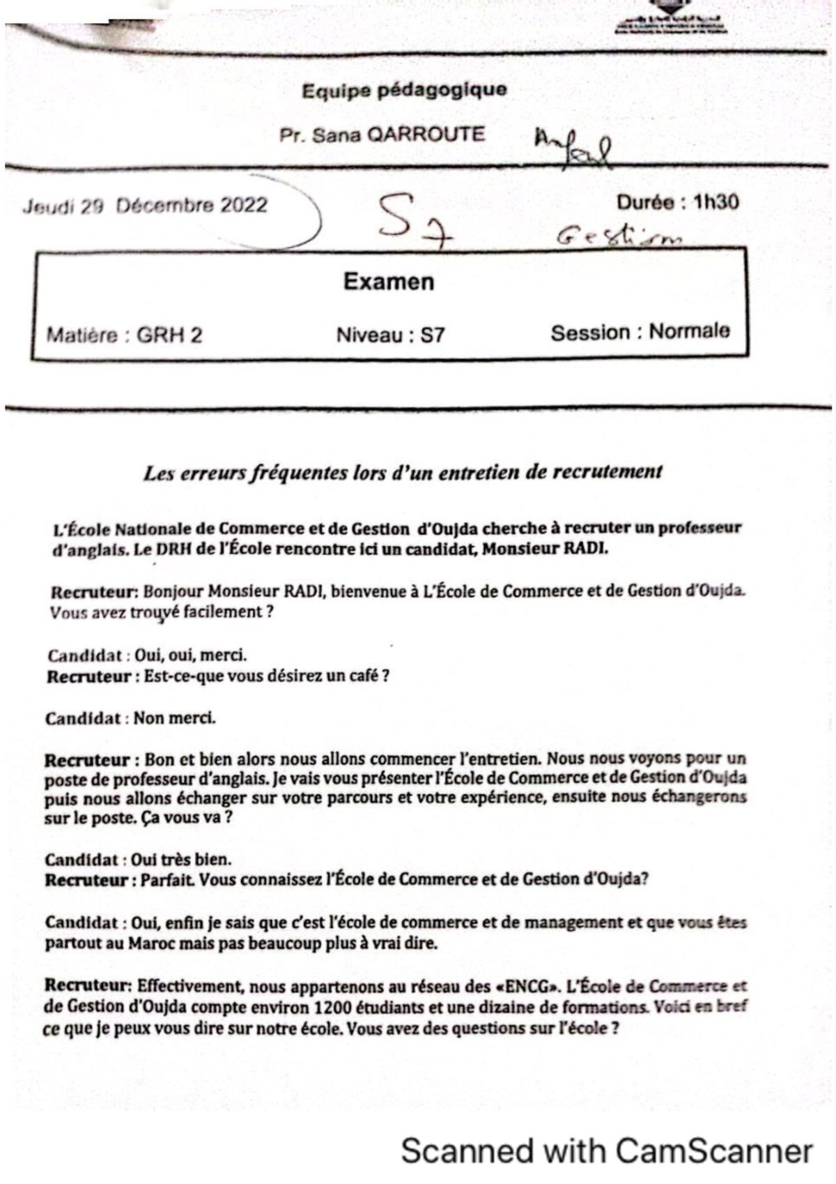 Exam GRH - Grh - Equipe pédagogique Pr. Sana QARROUTE Jeudi 29 Décembre 2022 Durée : 1h30 ...