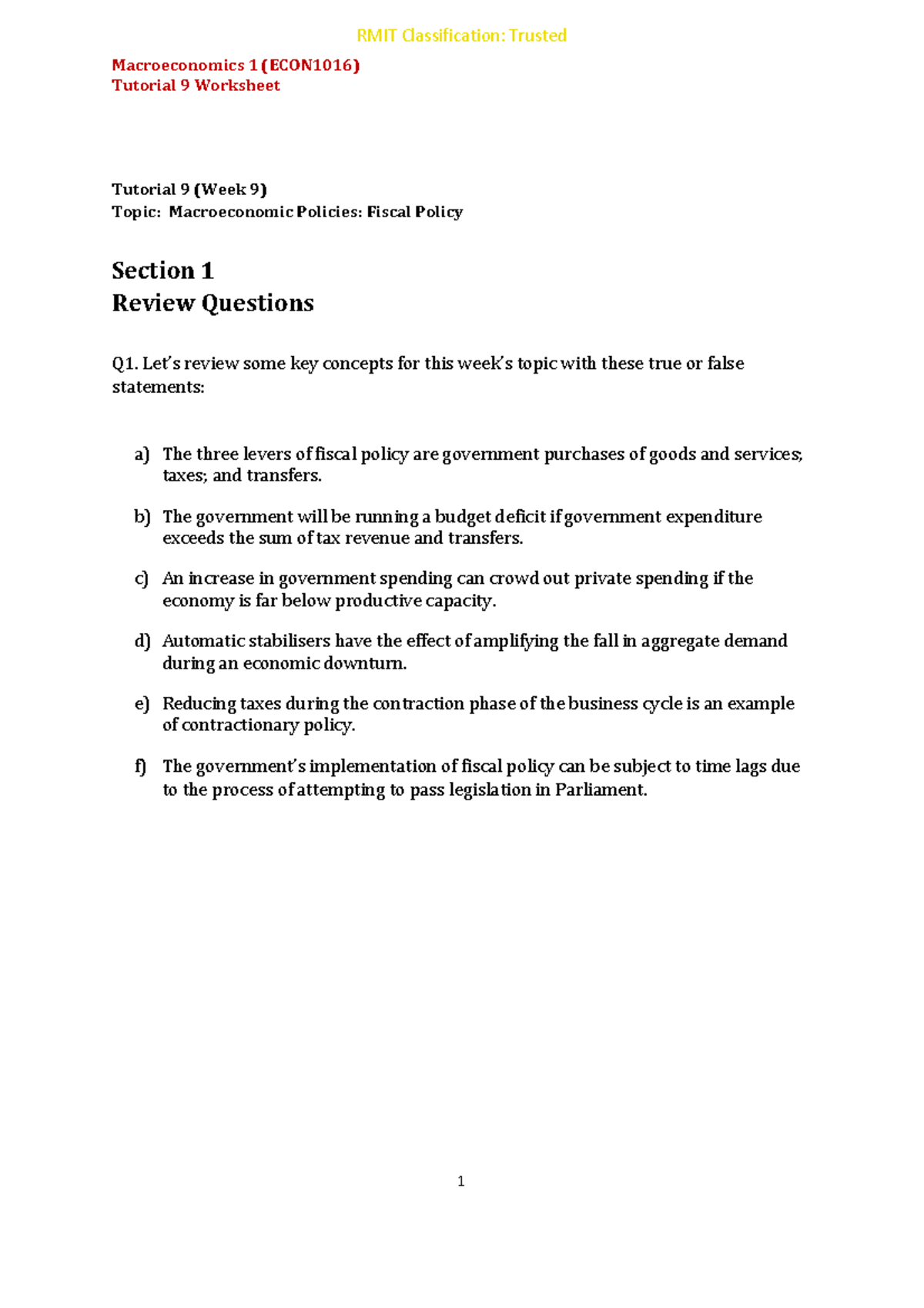 Macro 1 Econ1016 Tutorial Worksheet Macroeconomics 1 Econ1016 Tutorial 9 Worksheet 1 Rmit