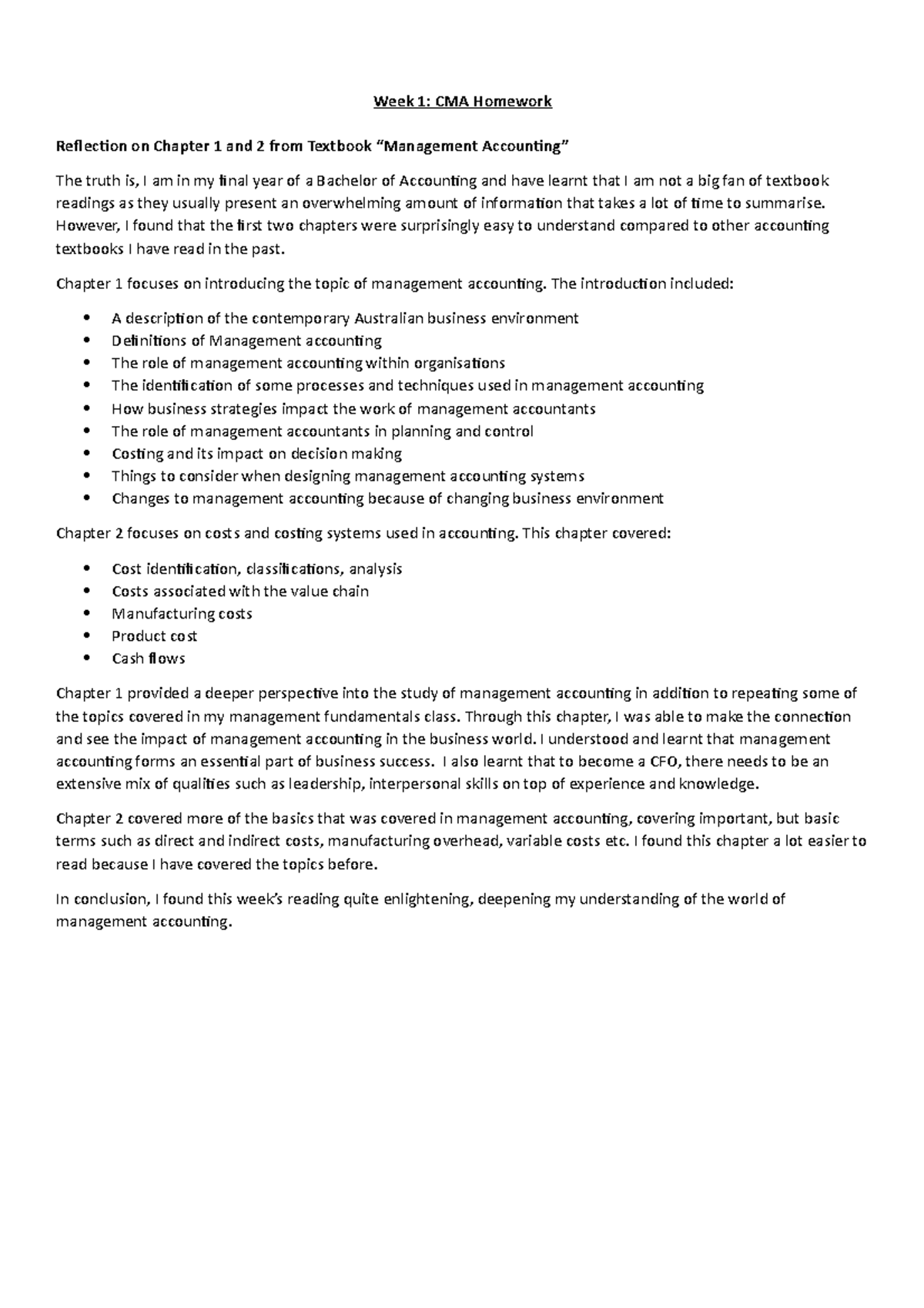 Week 1 - Homework questions response - Week 1: CMA Homework Reflection ...