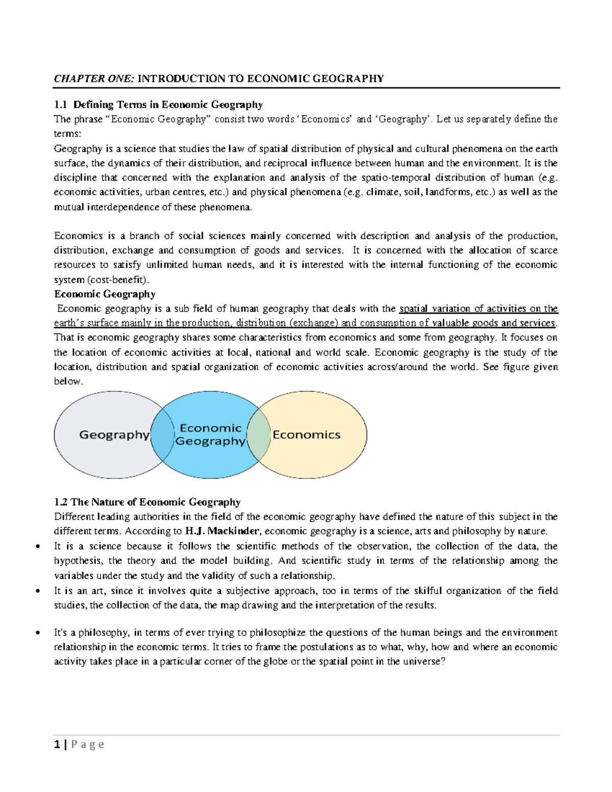 Handout of Economic Geo 50 - 1 | P a g e CHAPTER ONE: INTRODUCTION TO ...