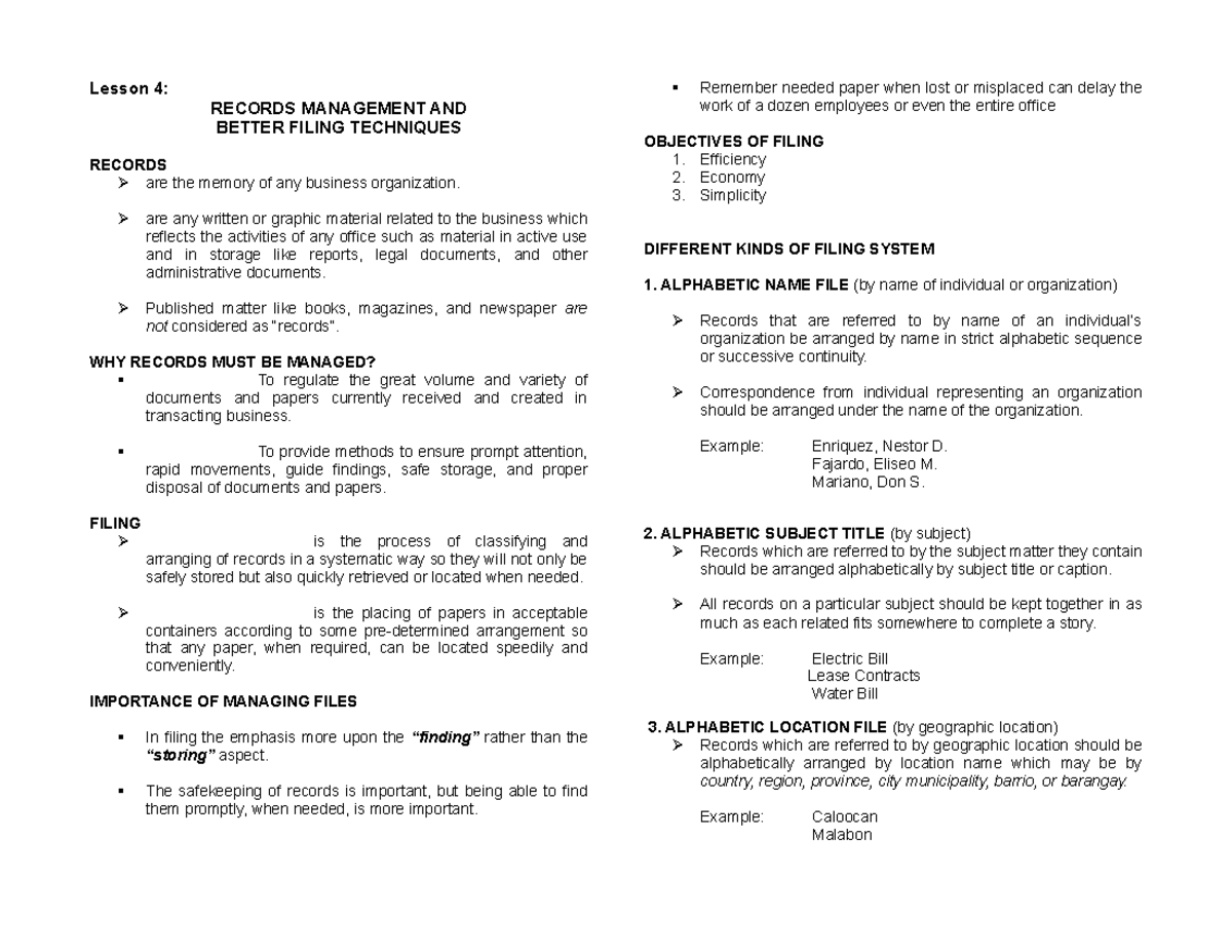 Lesson 4 Records Management 1 - Lesson 4: RECORDS MANAGEMENT AND BETTER ...