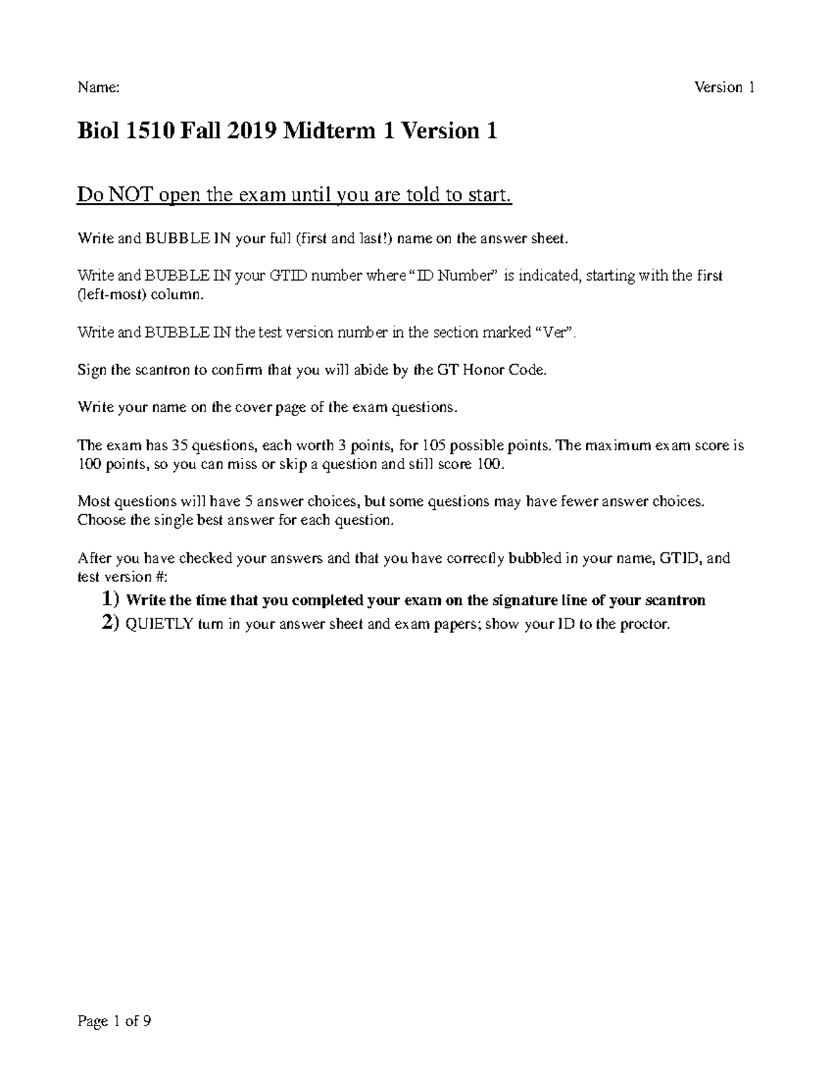 1510 F19 MT1 v1 key - Biol 1510 Fall 2019 Midterm 1 Version 1 Do NOT open the exam until you are ...