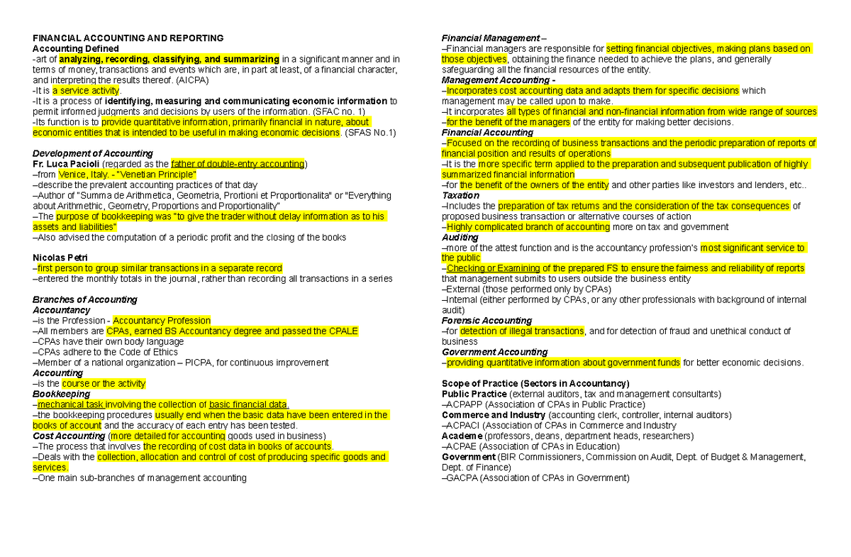 BASIC FAR Notes - FINANCIAL ACCOUNTING AND REPORTING Accounting Defined ...