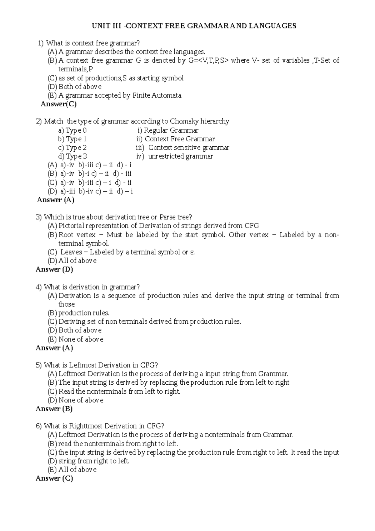 Toccs8501 Unit Iii Mcq Unit Iii Context Free Grammar And Languages What Is Context Free 2952