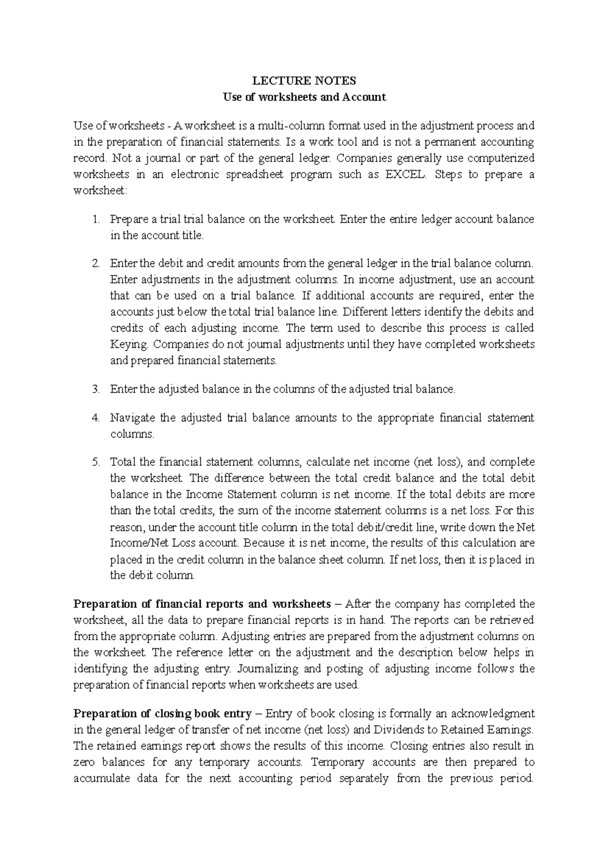 Accounting Management Use of worksheets and Account - LECTURE NOTES Use ...